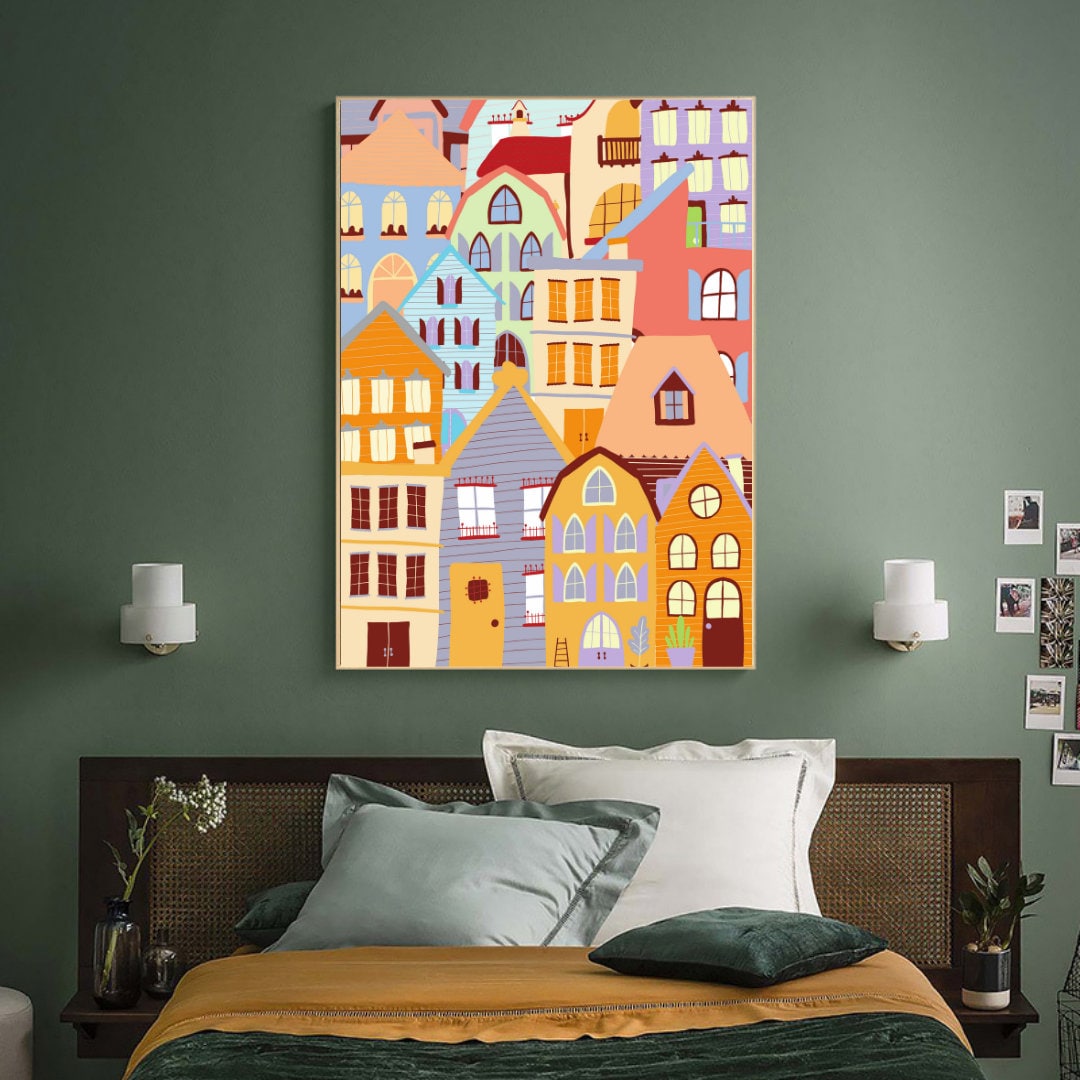 Colorful Houses Wall Printable Art Retro Colors Houses Print Living ...