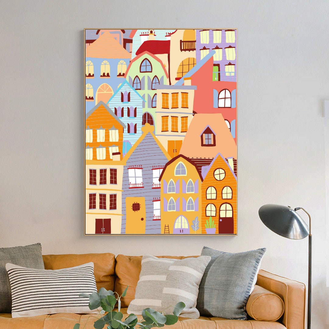 Colorful Houses Wall Printable Art Retro Colors Houses Print Living ...
