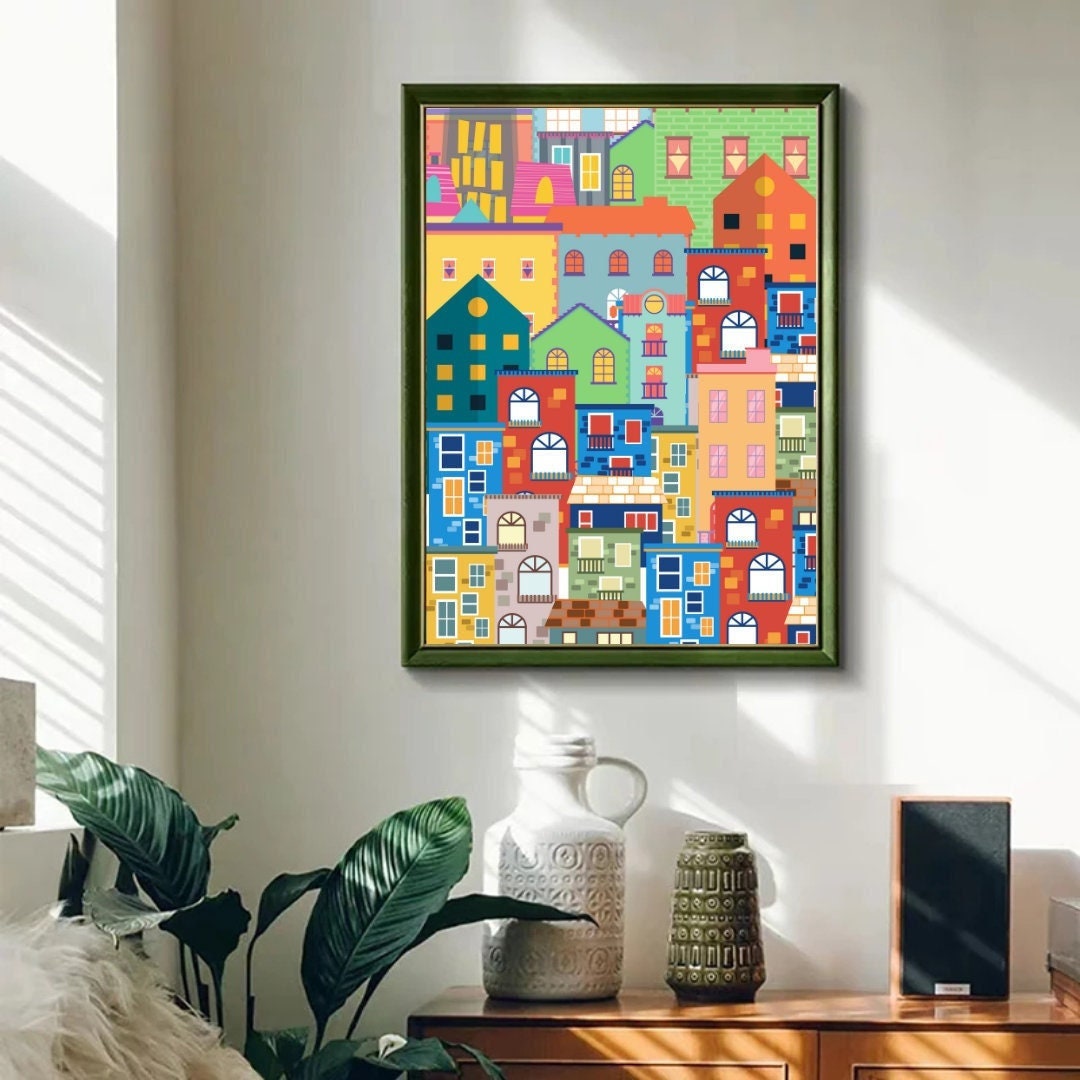 Retro Style Houses Wall Printable Art Colorful City Scape Wall Art ...