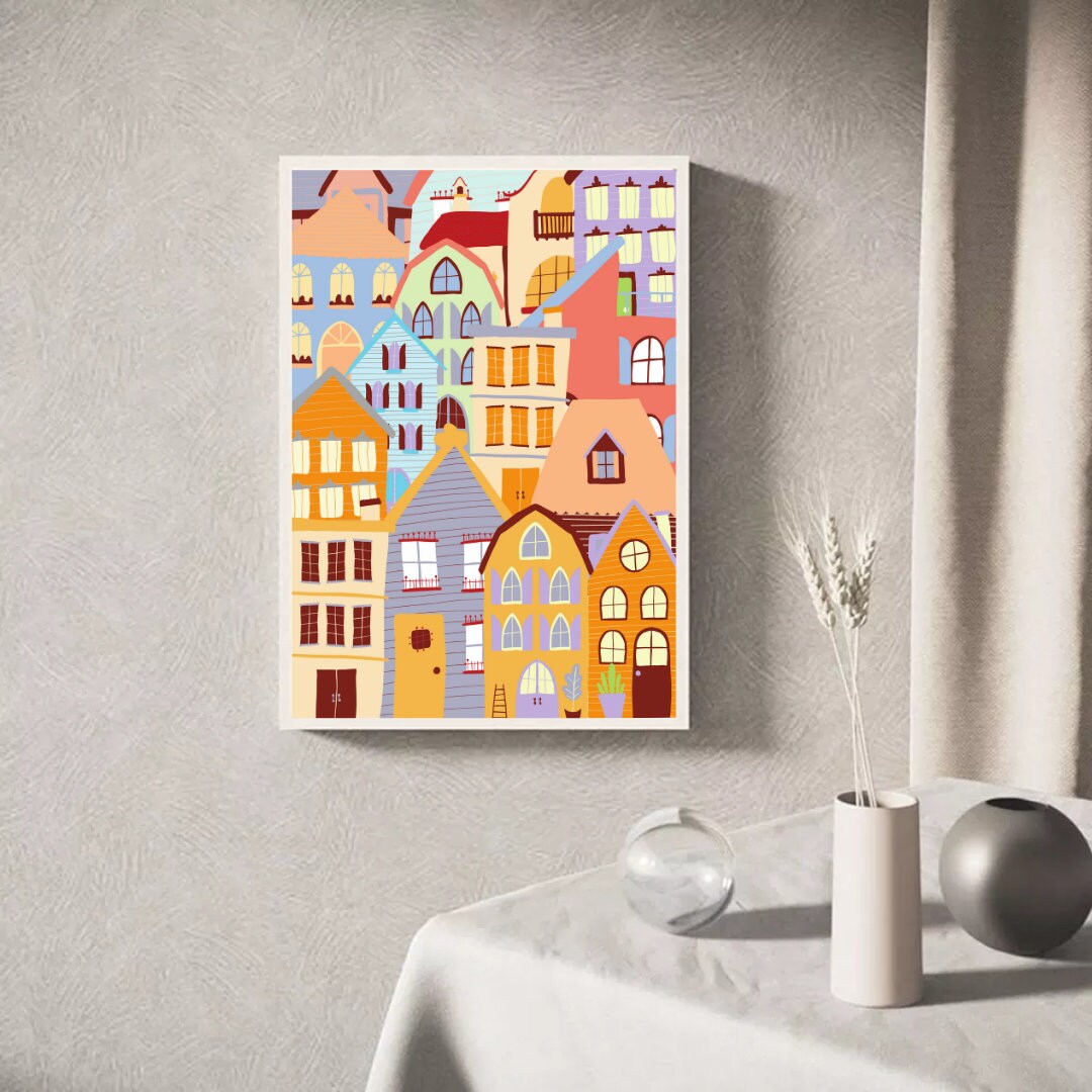 Colorful Houses Wall Printable Art Retro Colors Houses Print Living ...