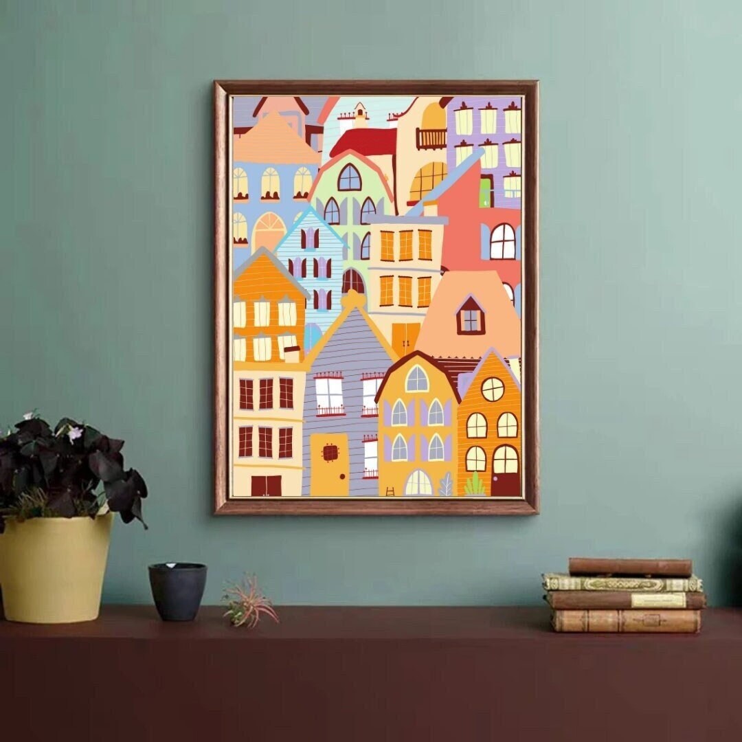 Colorful Houses Wall Printable Art Retro Colors Houses Print Living ...