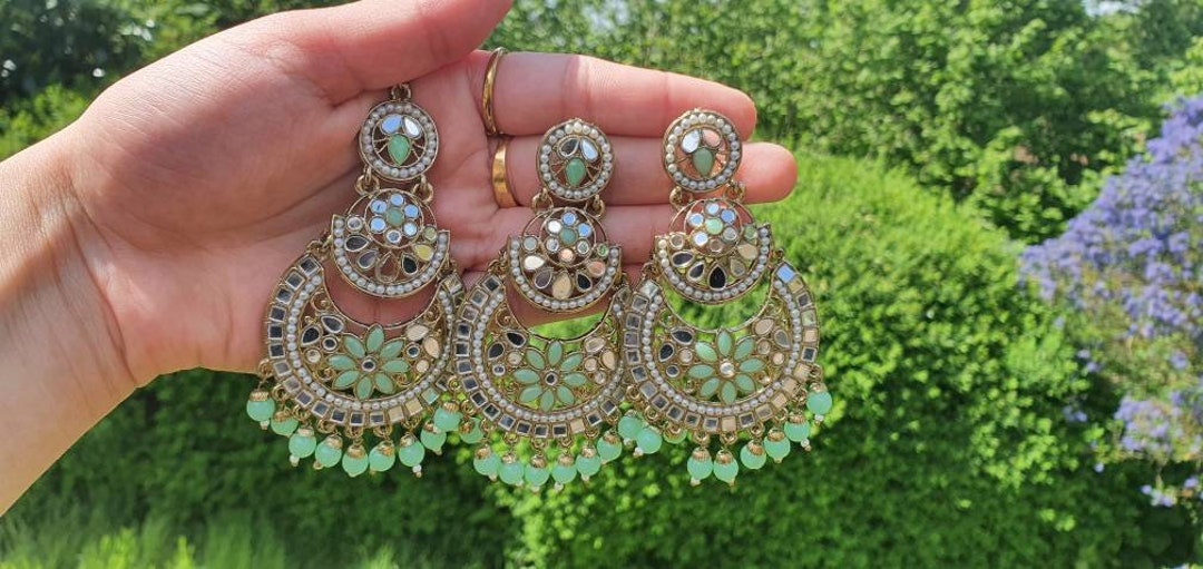 Indian and Pakistani Mirror Trendy Earrings and Tikka Set - Etsy