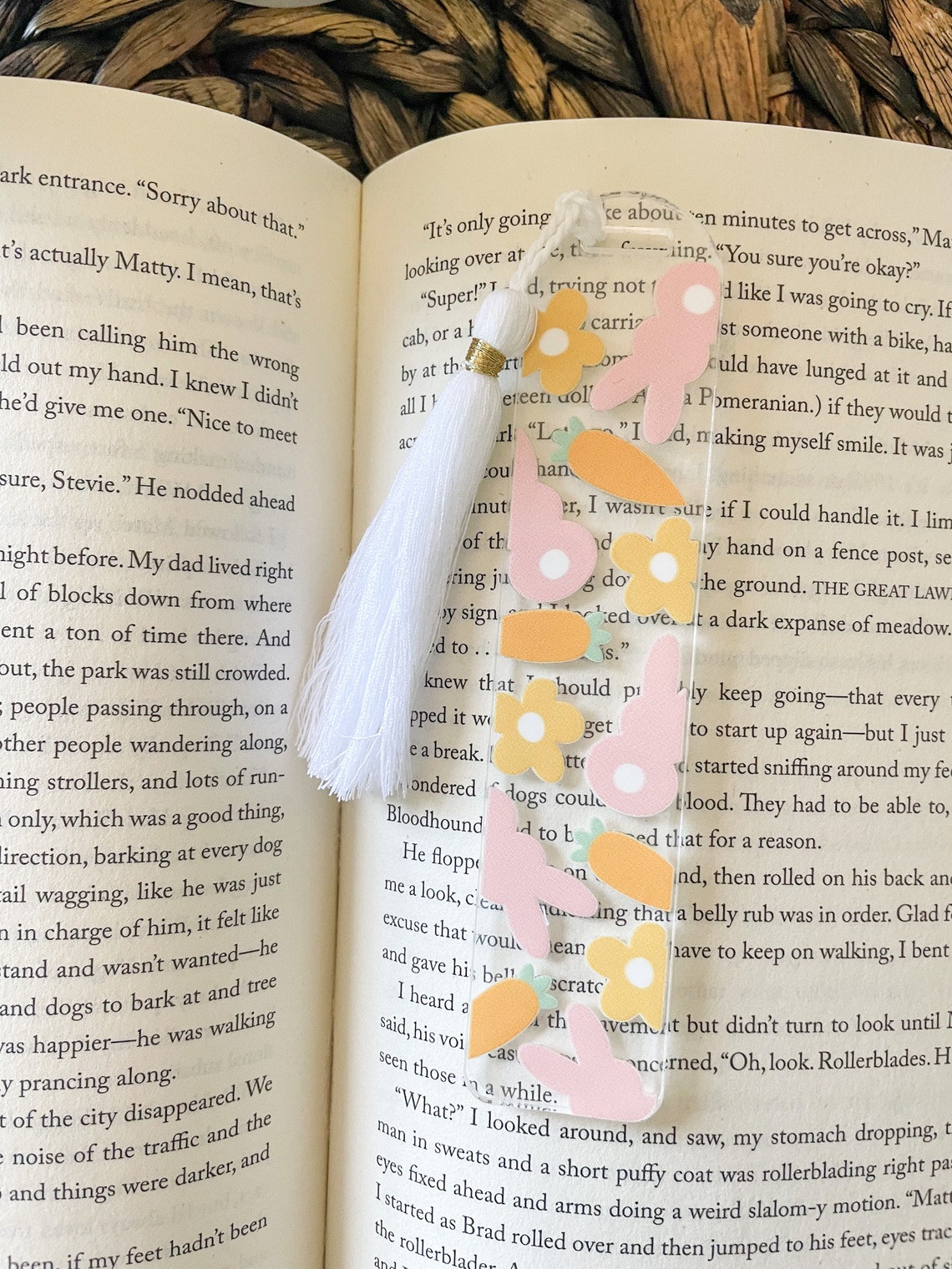 Acrylic Springtime Bookmark - Pink Bunnies, Orange Carrots, Yellow ...