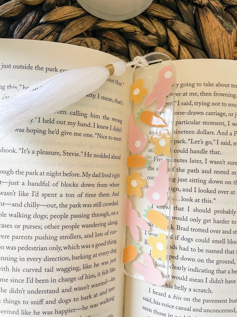 Acrylic Springtime Bookmark - Pink Bunnies, Orange Carrots, Yellow ...