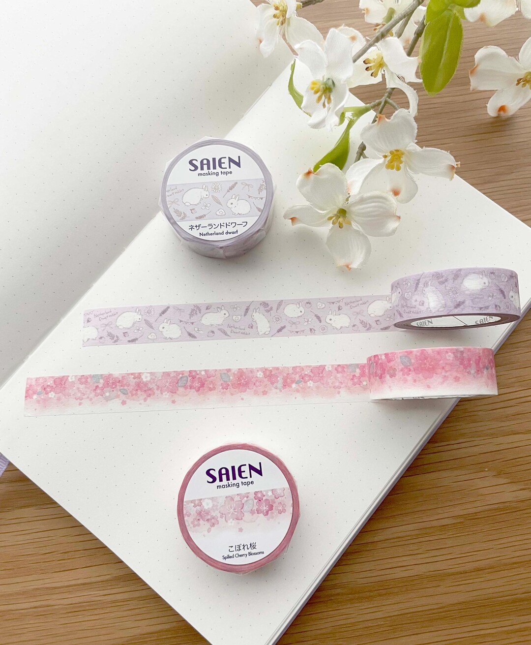 Saien Washi Tape - 15mm - Netherland Dwarf Rabbits / Sakura Cherry ...