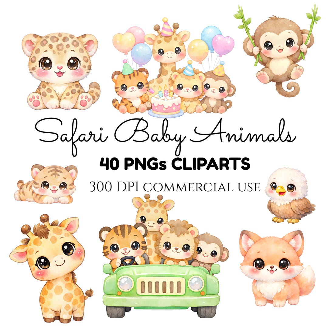 40 Safari Baby Animals Clipart PNG Bundle, Baby Jungle PNG Nursery ...