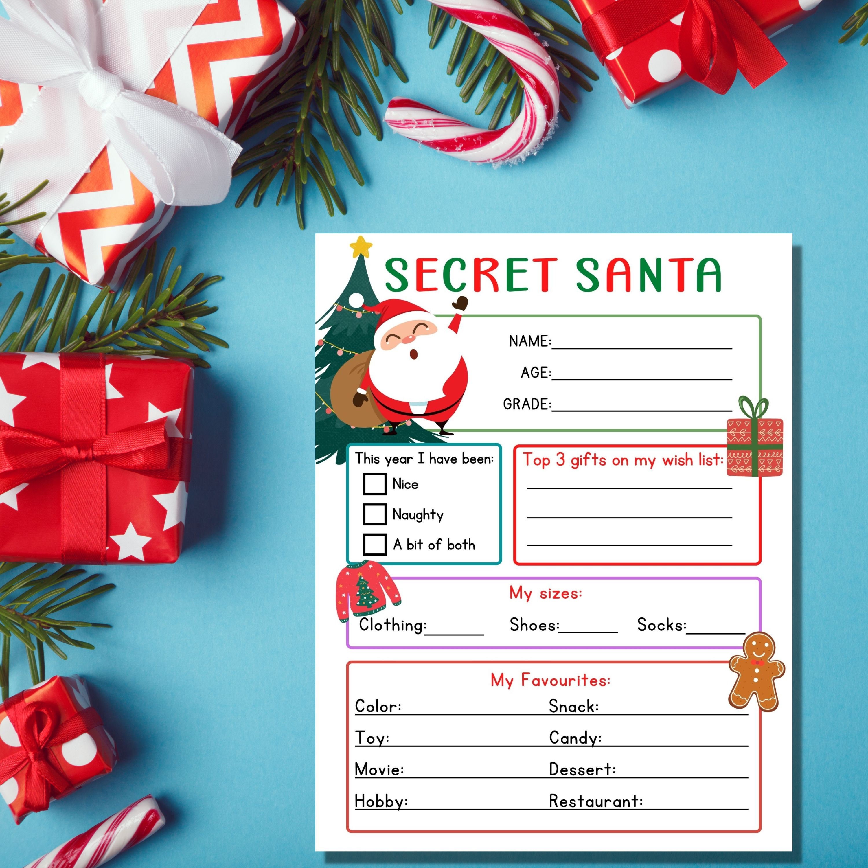 Kids Secret Santa Questionnaire for Gift Exchange Christmas Party. Kids ...
