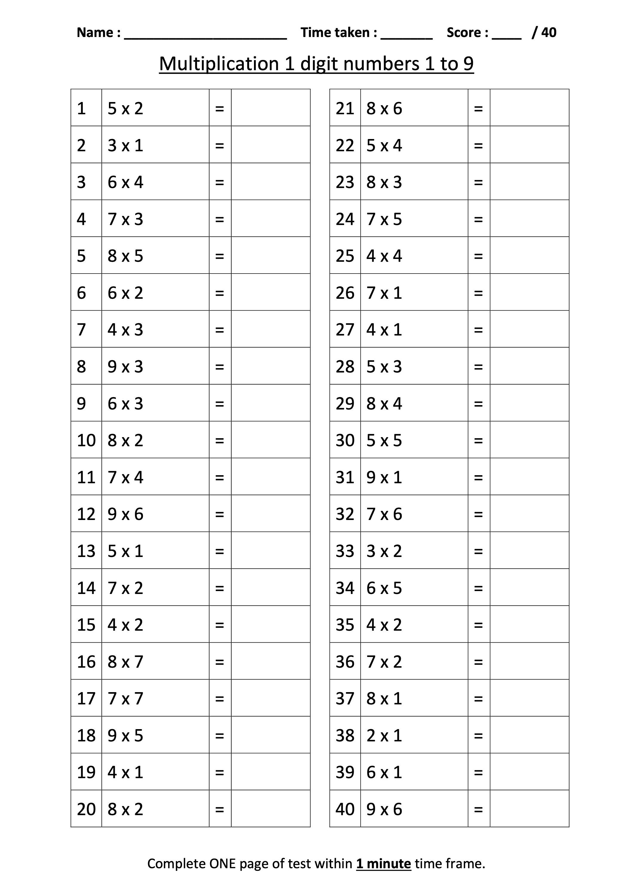 Speed Maths Challenge Home Schooling Practice Sheets ONE Digit - Etsy ...