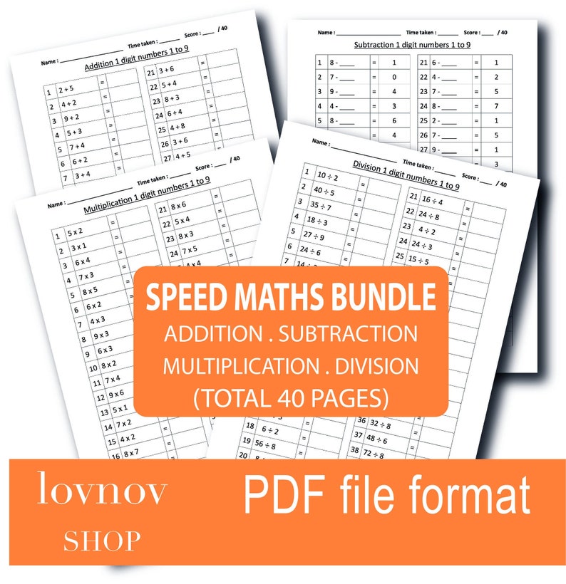 40 Pages of Speed Maths Bundle Home Schooling Practice Sheets ONE Digit ...