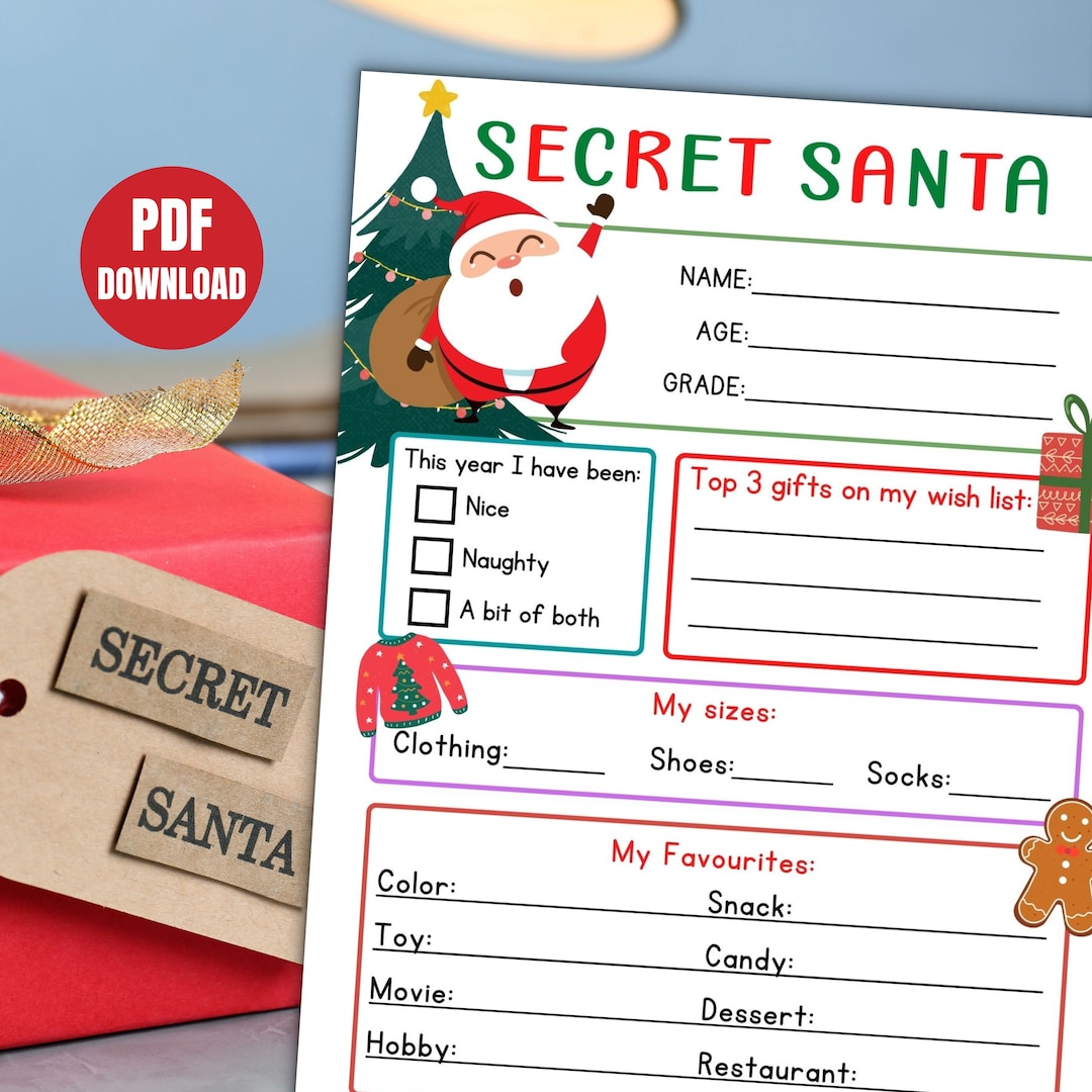 Kids Secret Santa Questionnaire for Gift Exchange Christmas Party. Kids ...