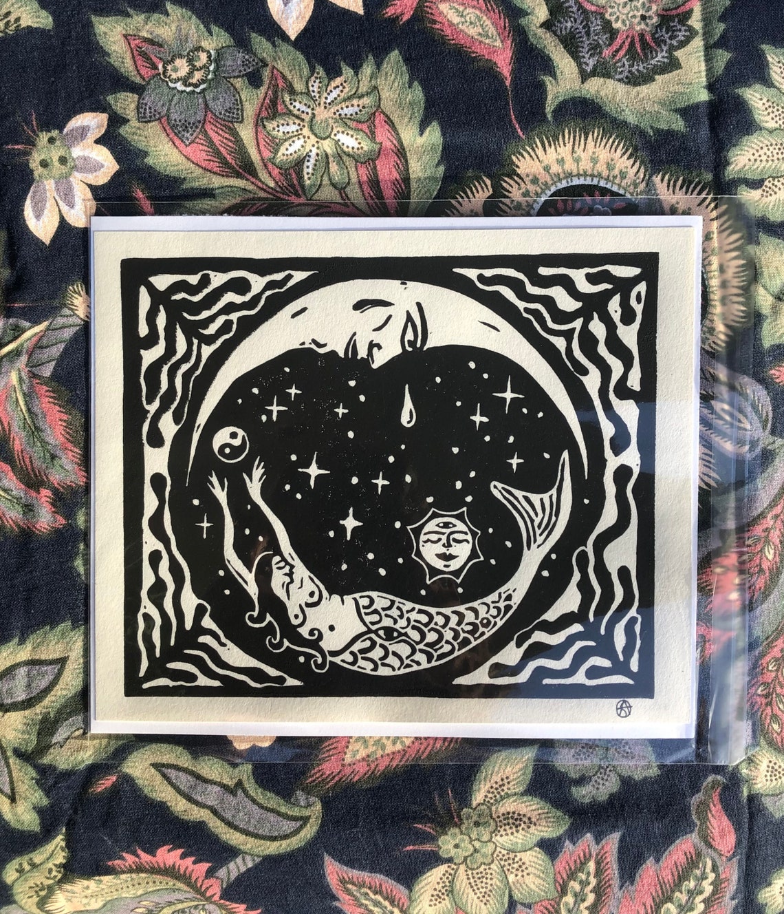 Mermaid and the Moon - Lino Print Linocut - Etsy