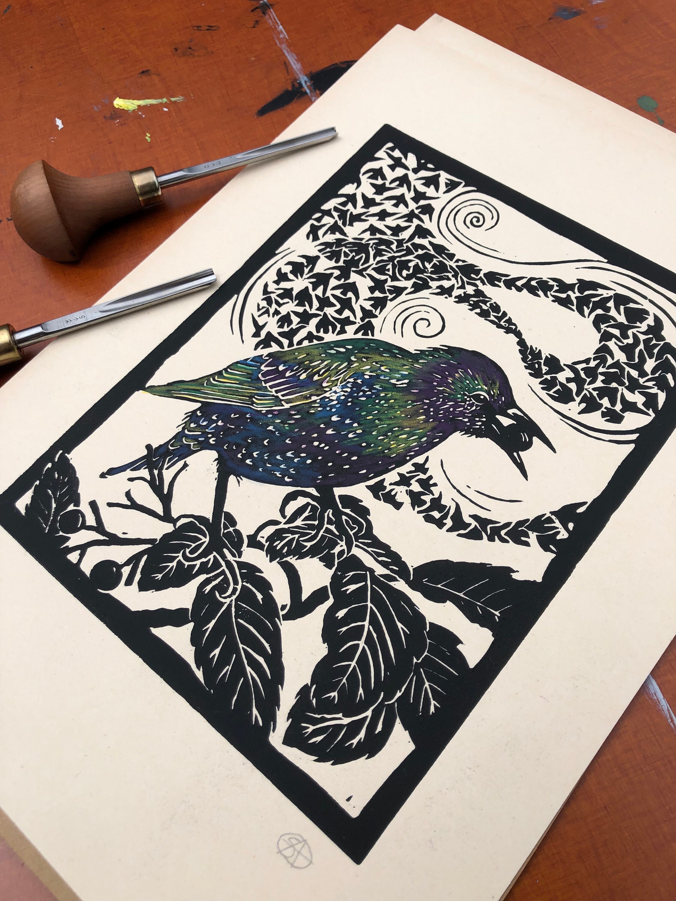 Starling Lino Print A4 Lino Cut Bird Murmuration Print - Etsy