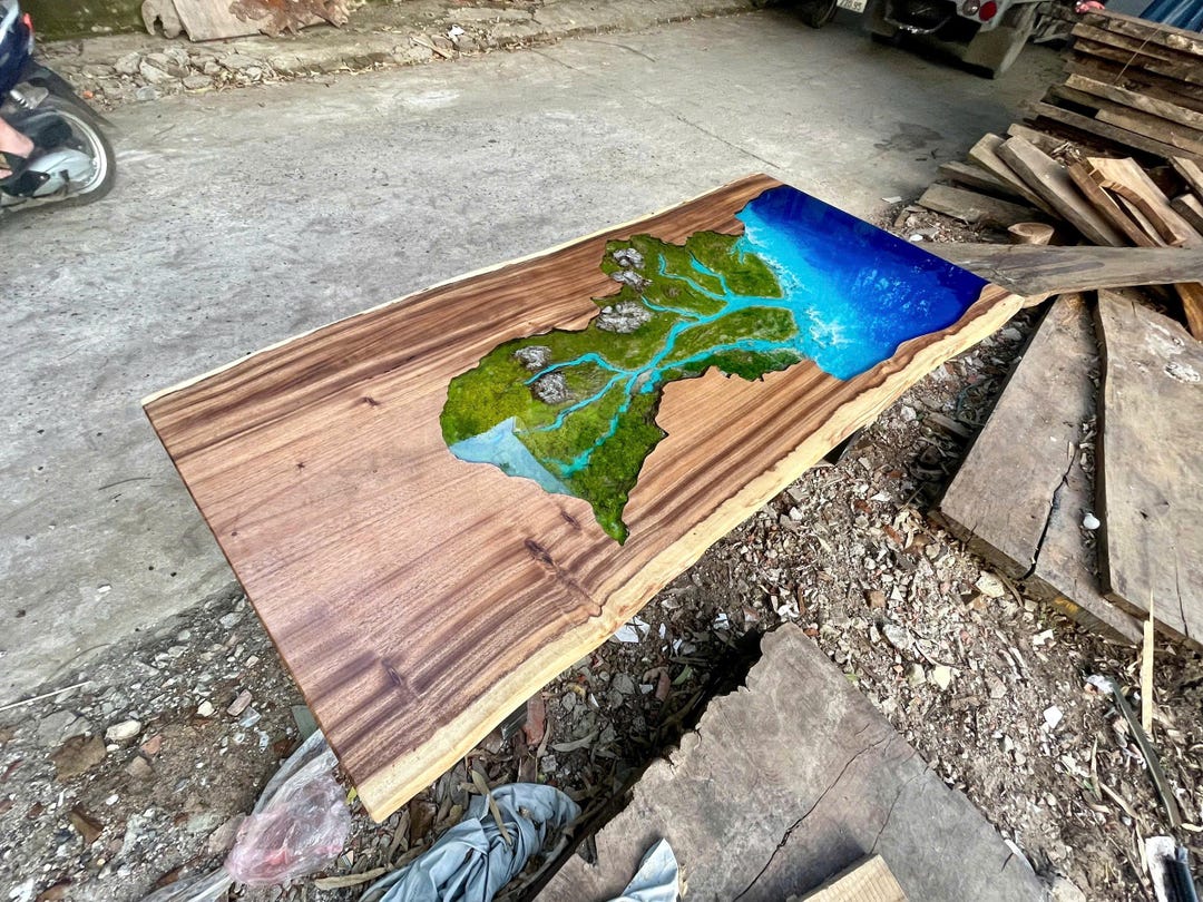3D Topographic River Resin Table, Ocean Map Epoxy Table, Live Edge Wood ...