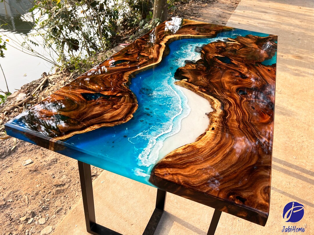 Personalized Ocean Wave Epoxy Resin Table, Custom Blue Ocean Live Edge ...