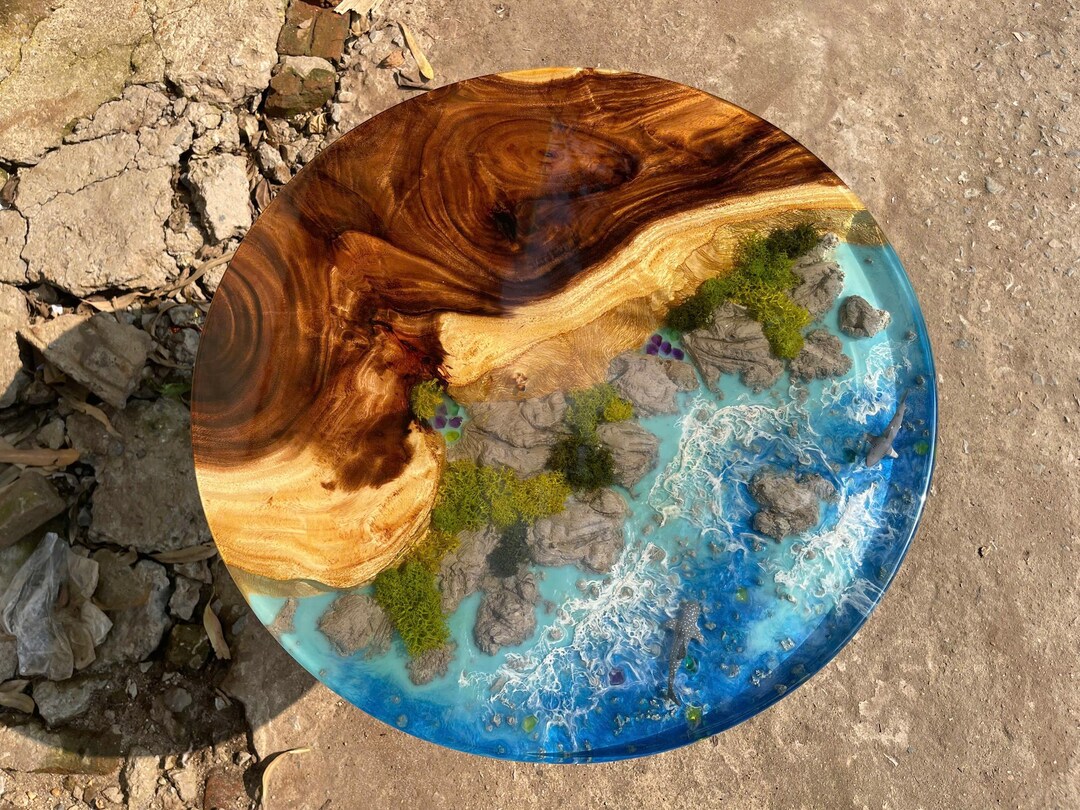 Personalized Island Escape Blue Ocean Resin Table, Live Edge Epoxy ...