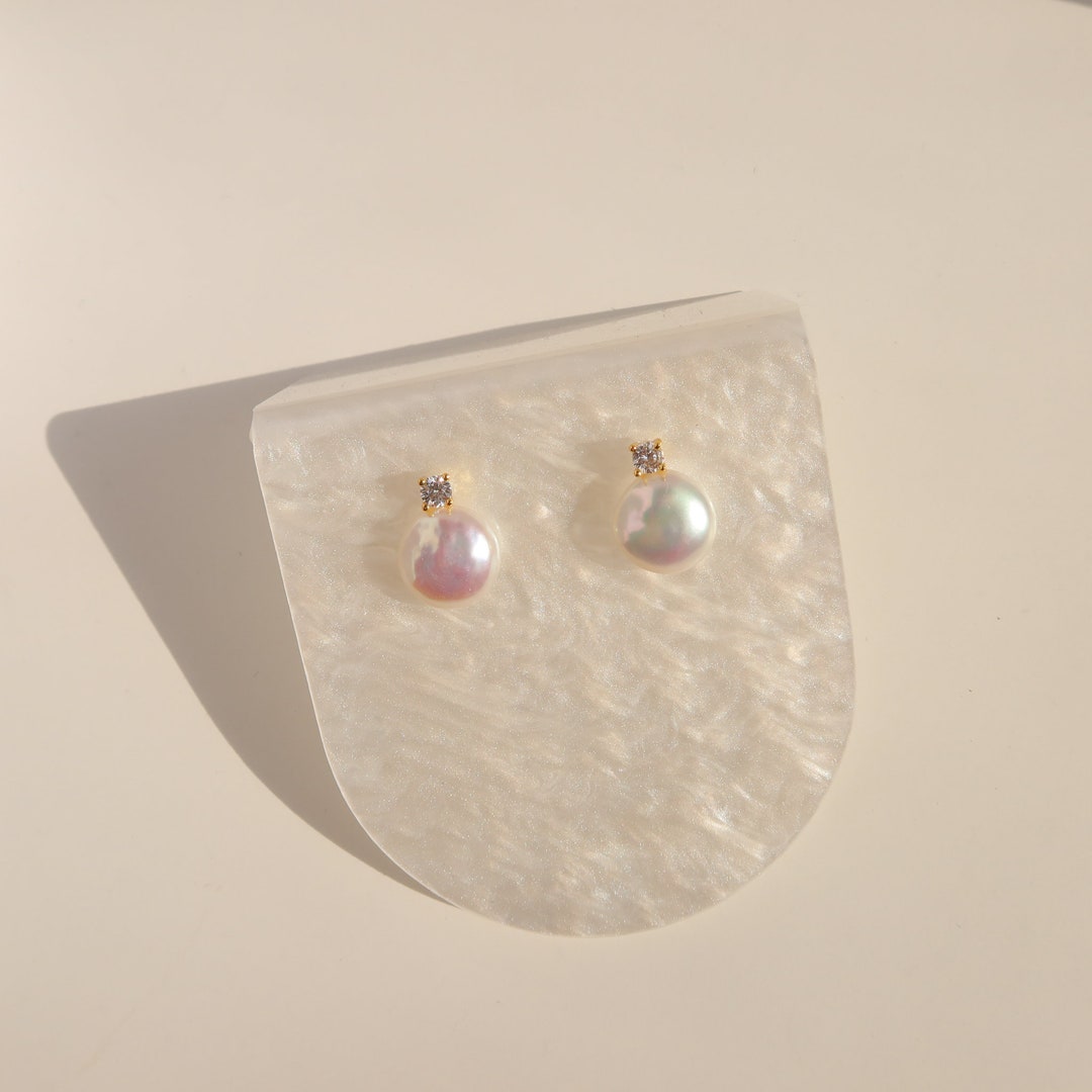Eleanor Pearl Studs - Baroque Button Pearl Ear Studs - CZ Diamond ...