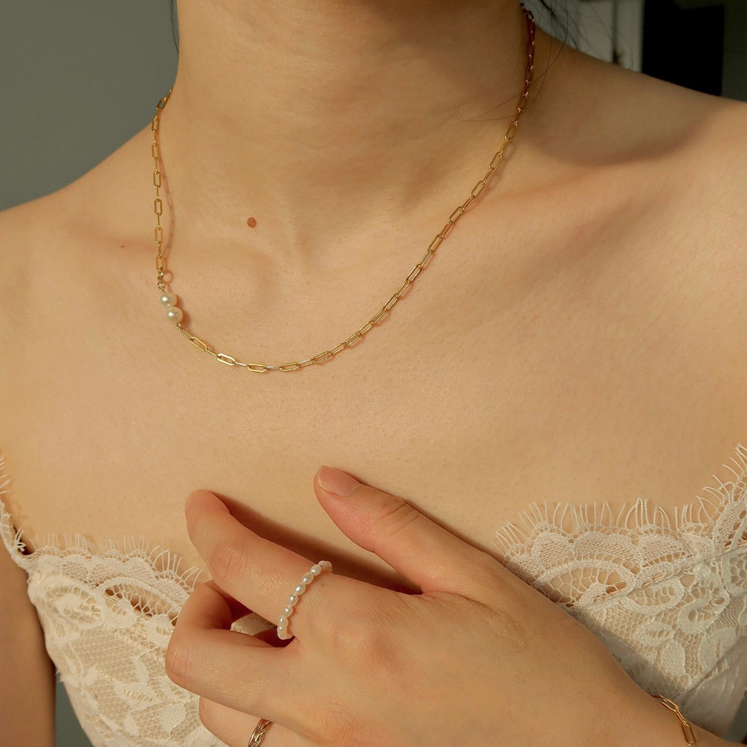 Paper Clip Chain With Pearl Necklace | 14k Gold Filled Link Chain ...