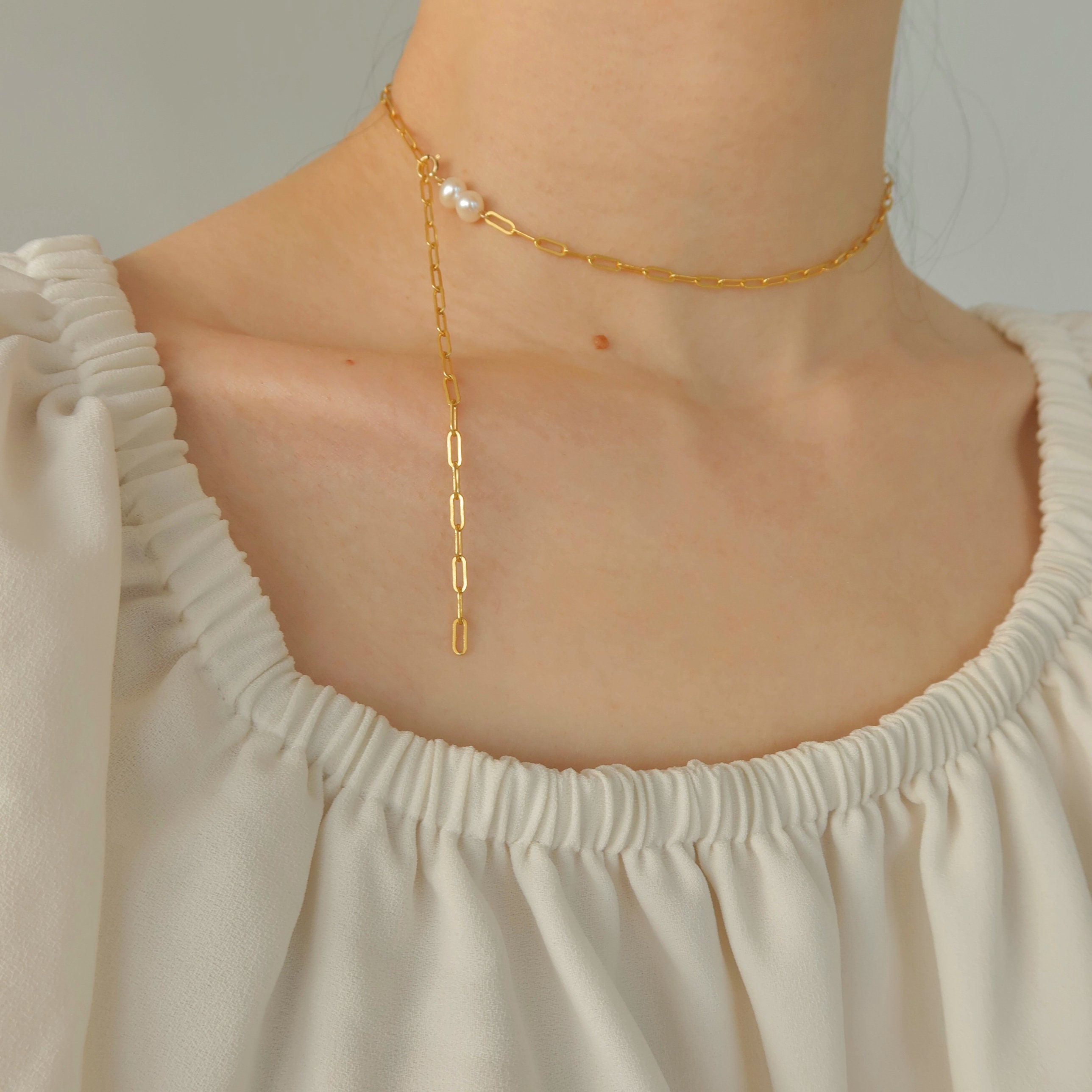 Paper clip chain with pearl necklace 14k gold filled link | Etsy