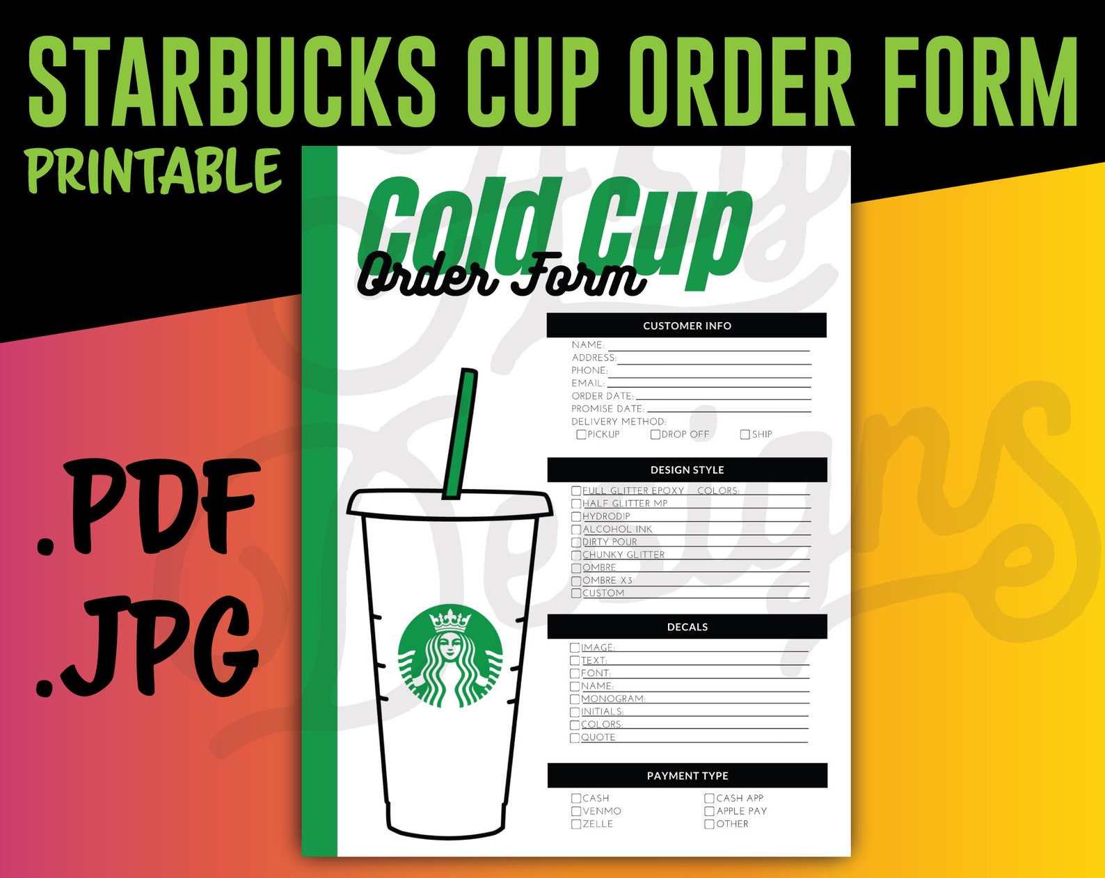 Starbucks Cold Cup Custom Order Form STARBUCKS GREEN | Etsy
