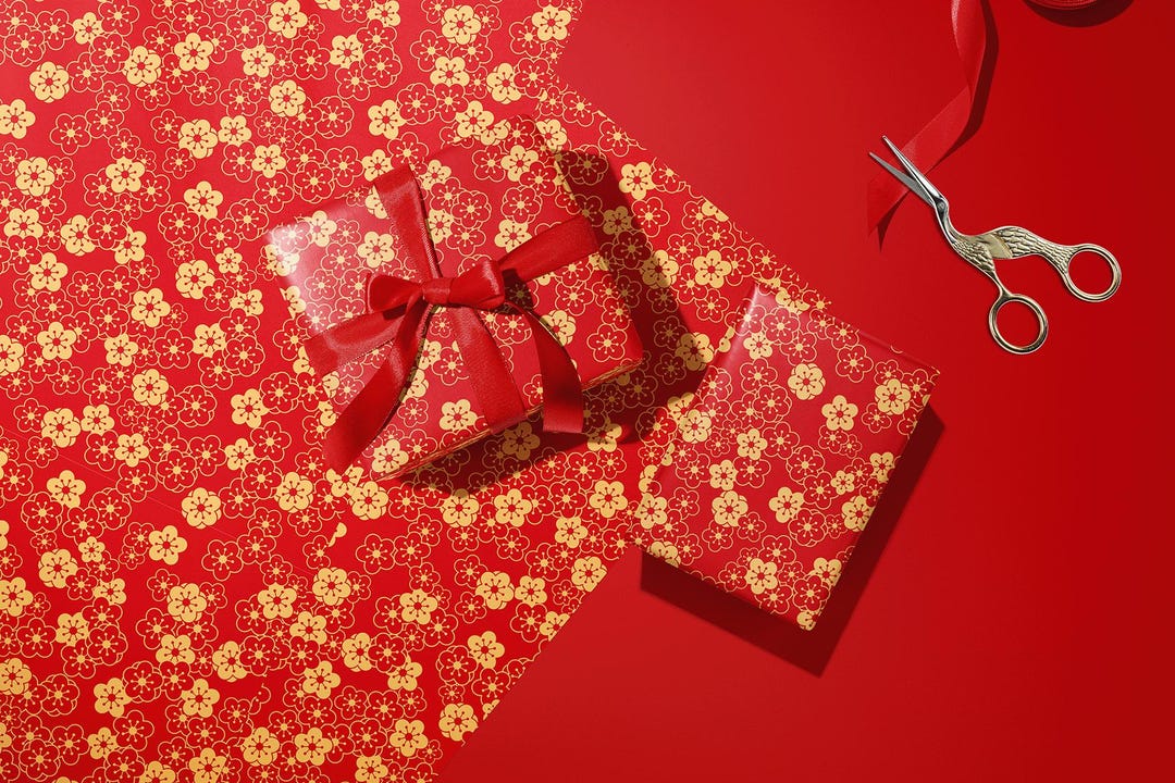 Red & Gold Lunar New Year Wrapping Paper | Chinese Plum Blossom Gift ...