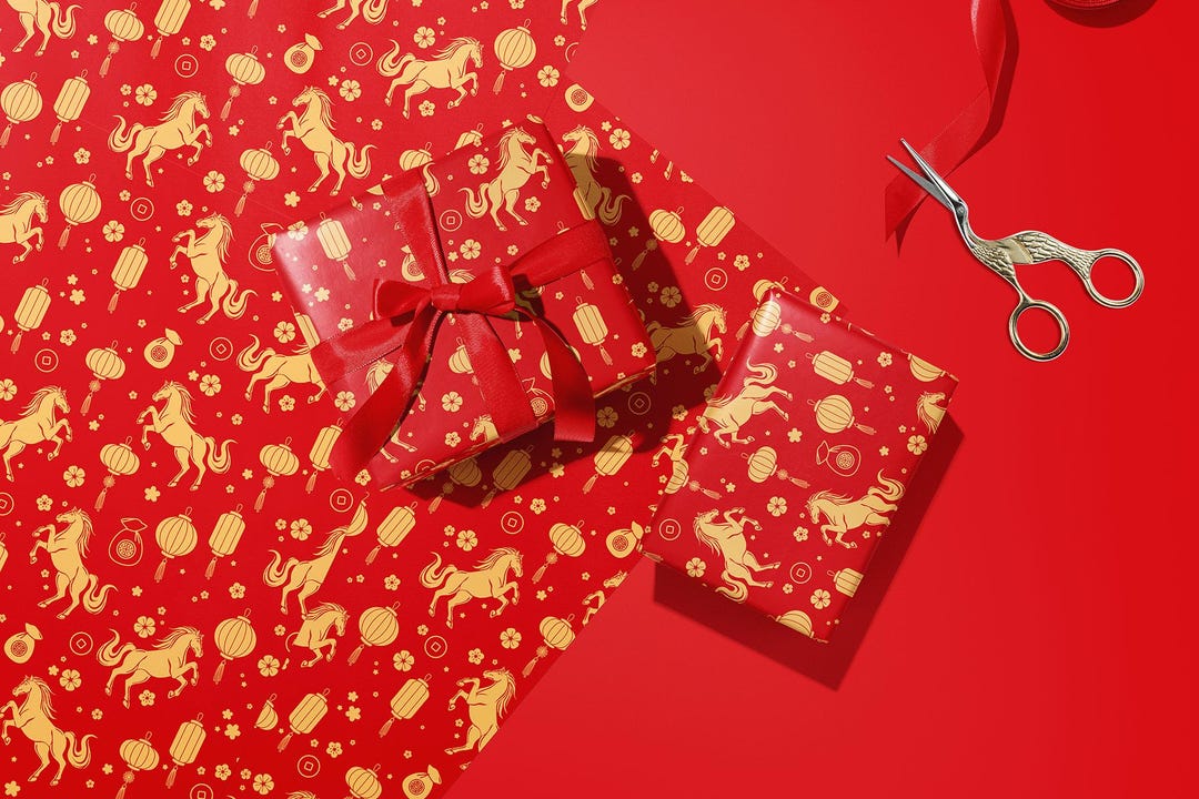 Red & Gold Lunar New Year Wrapping Paper | Year of the Horse Gift Wrap ...