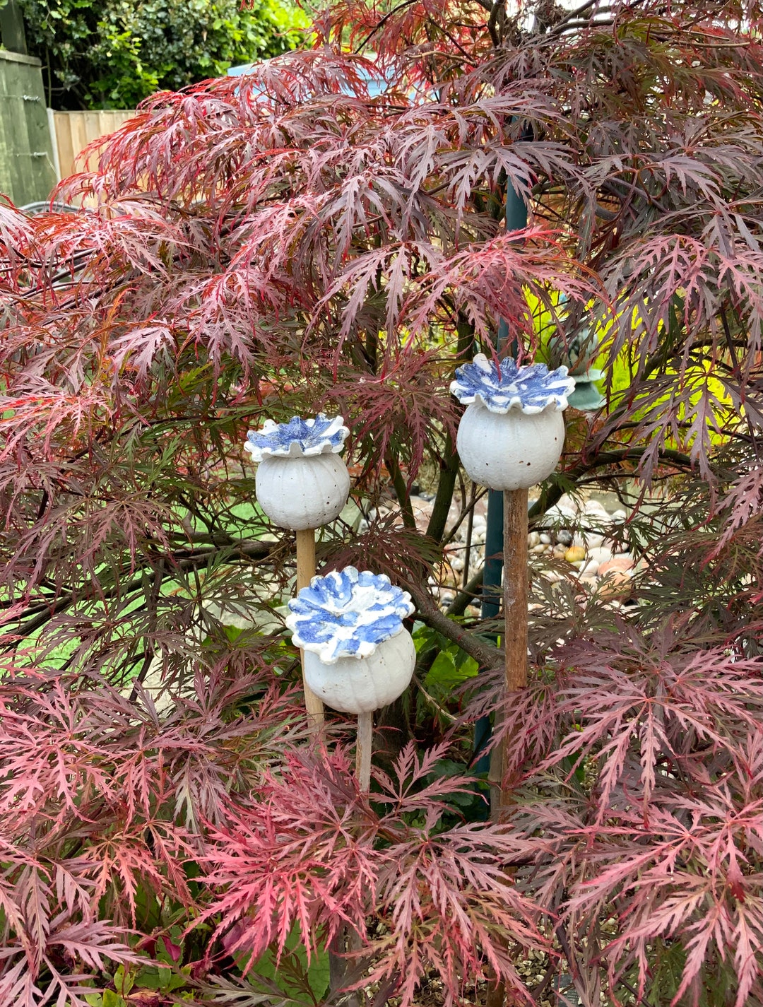 Set of Three Handmade Ceramic Garden Cane Toppers - Etsy UK
