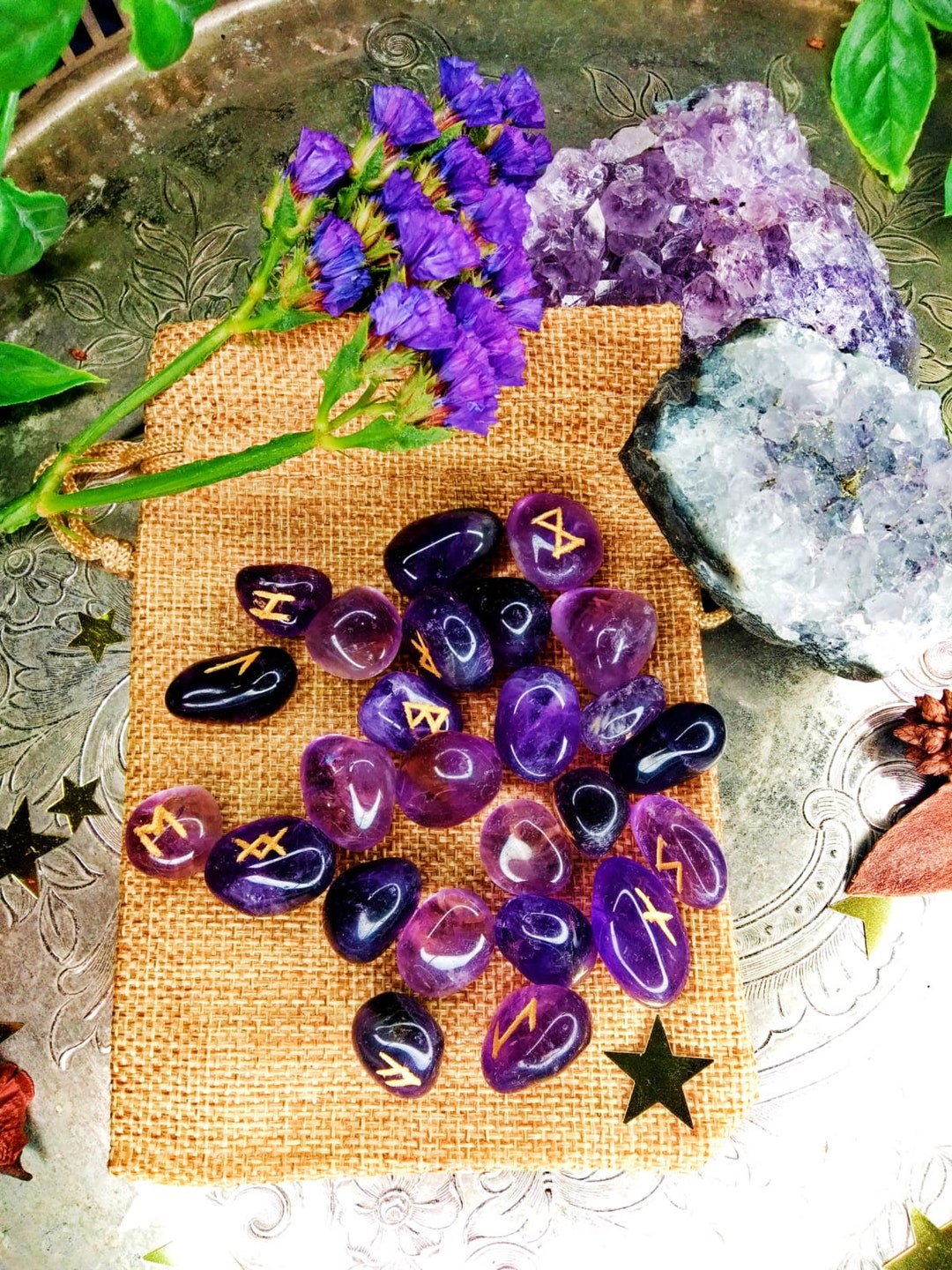 Amethyst Crystal Rune Set - 25 Piece Witches Rune Set in Gift Bag ...