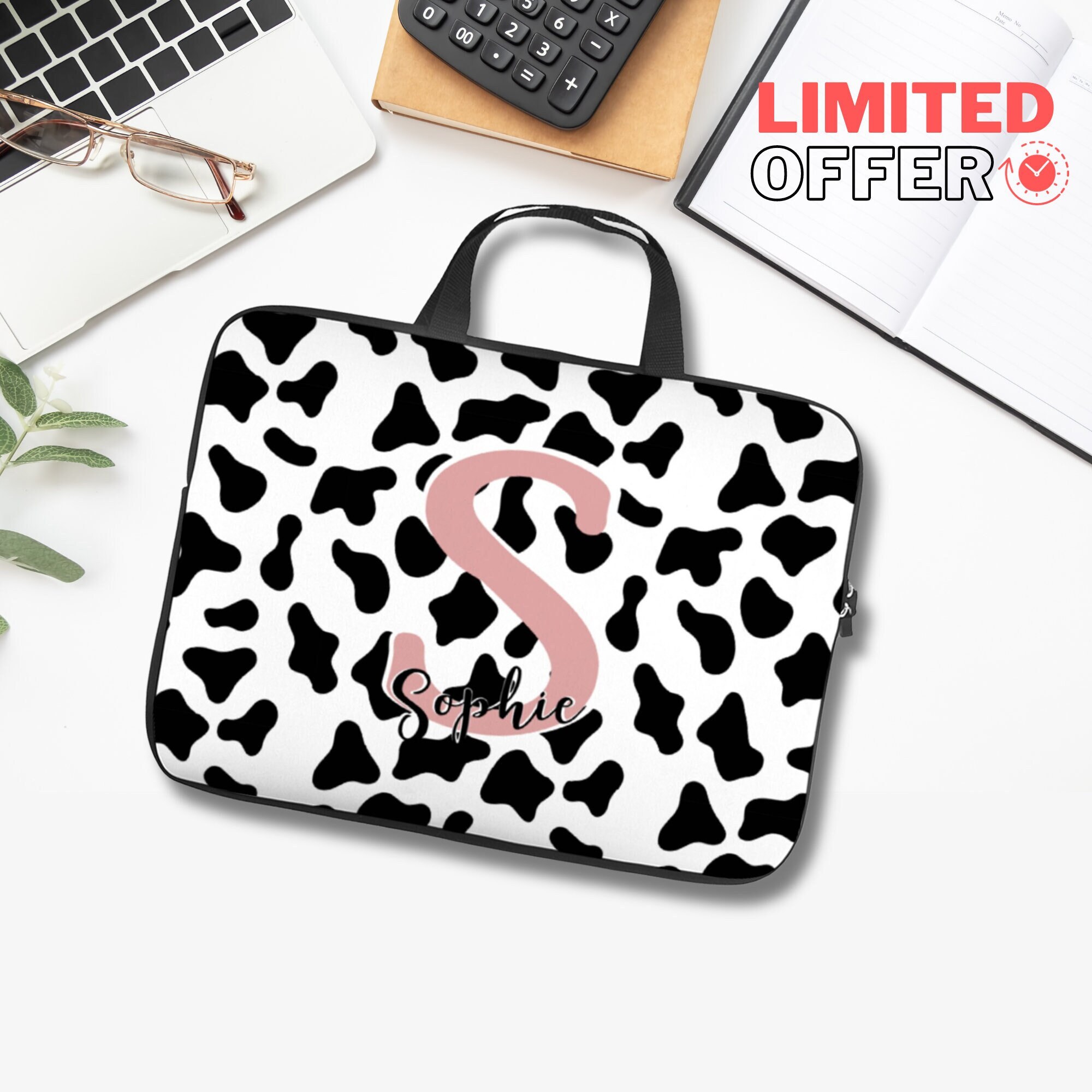 Personalized Cow Print Laptop Sleeve Monogram Case Pastel Pink With Cow ...