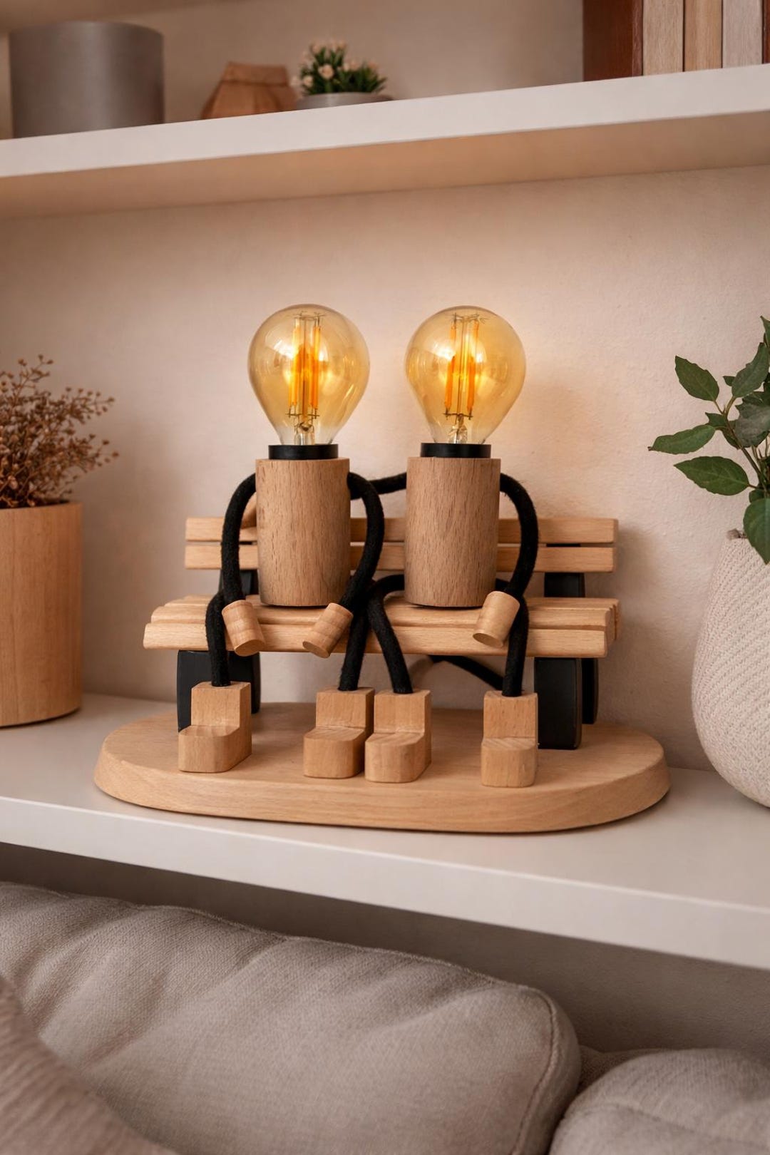 Beech Wood Table Lamp, Lovers on Bench Design, Anniversary Gift - Etsy