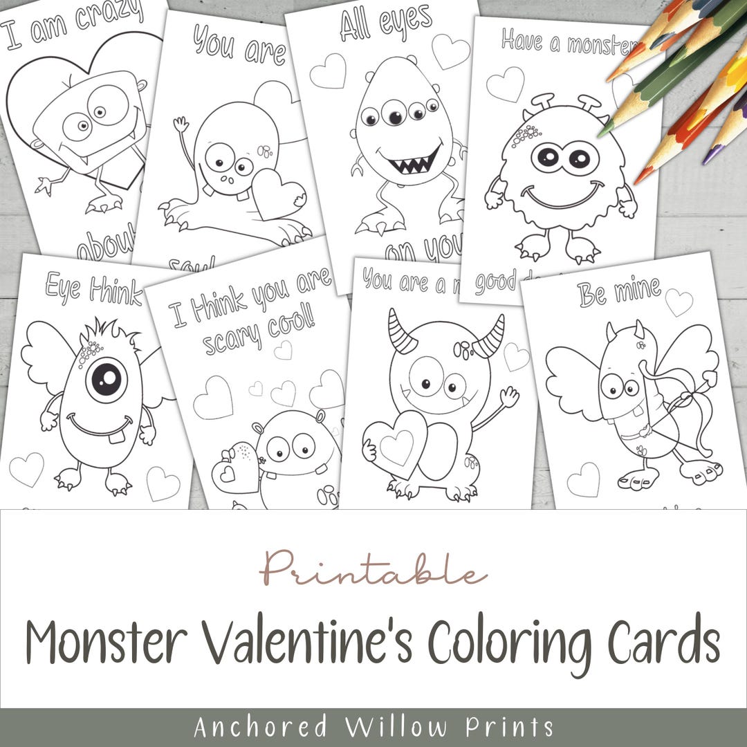 Printable Monster Valentine's Coloring Card, Classroom Valentine ...