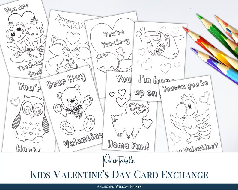 Printable Animal Valentine's Coloring Cards, Classroom Valentine ...