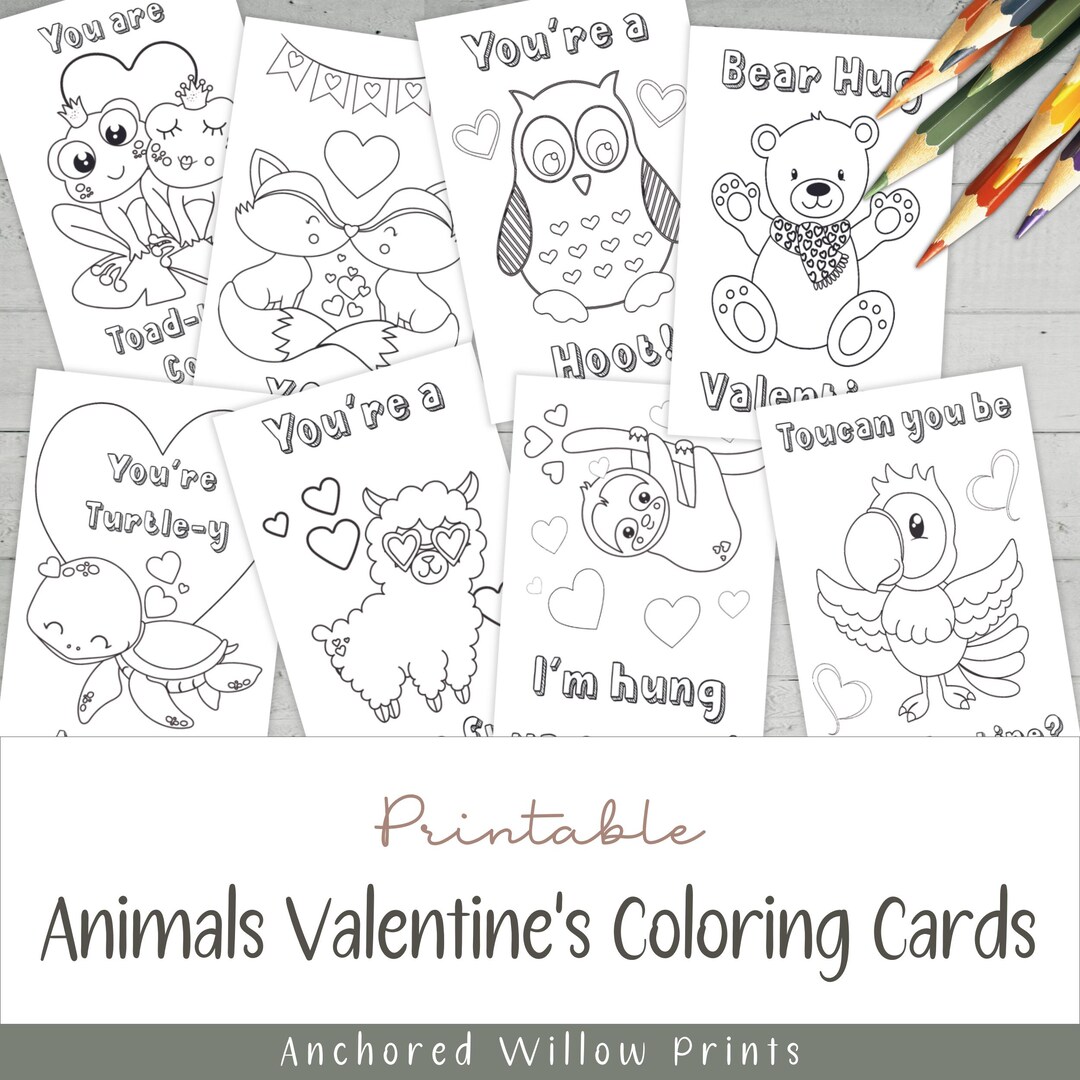 Printable Animal Valentine's Coloring Cards, Classroom Valentine ...