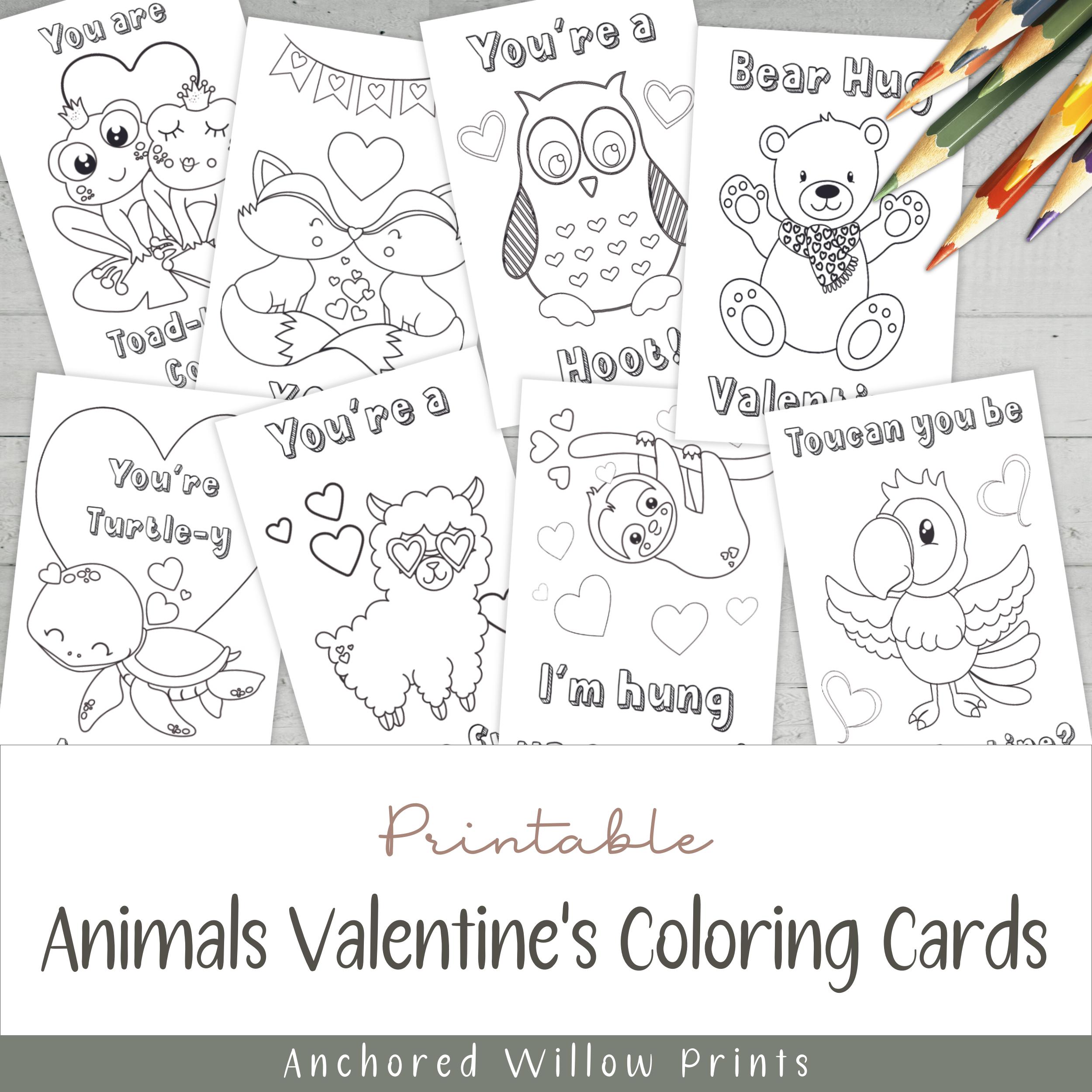 Printable Animal Valentine's Coloring Cards, Classroom Valentine ...