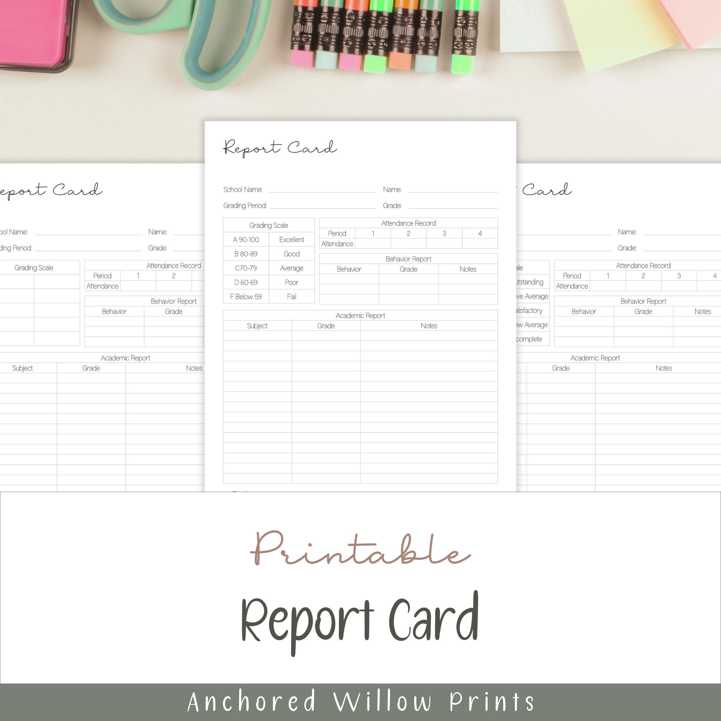 Homeschool Report Card Printable With 3 Grading Scales, Progress Report ...