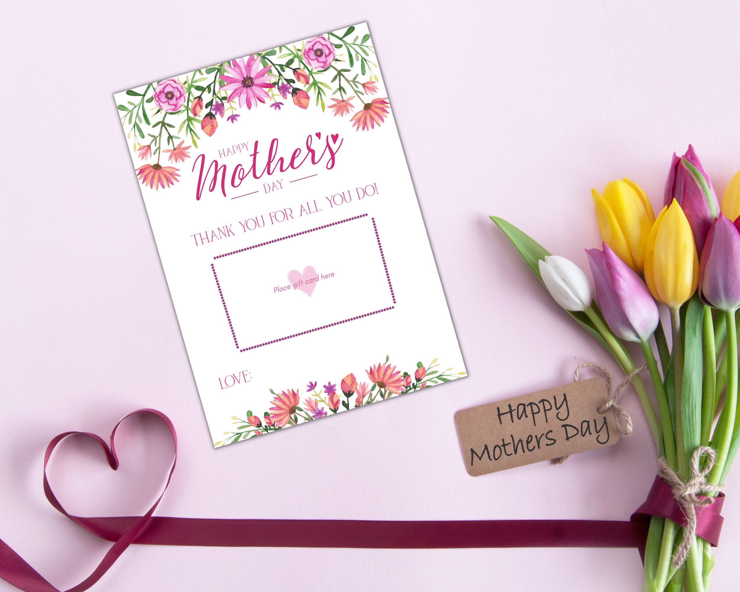Mothers Day Watercolor Floral Printable Gift Card Holder, With an ...