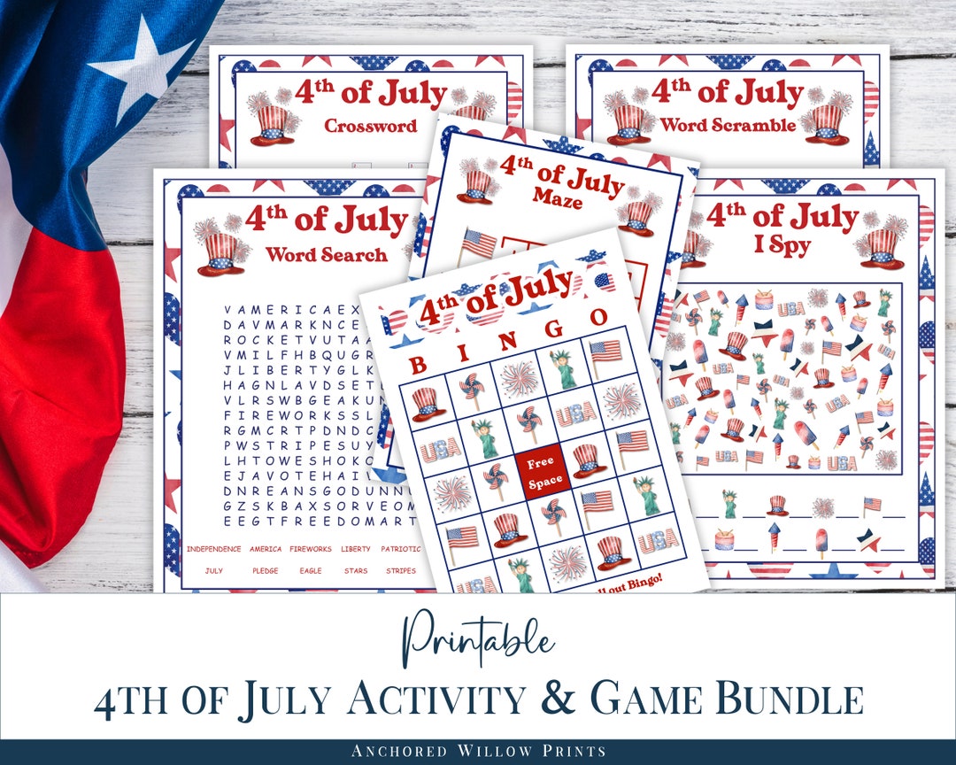 4th of July Printable Games & Activity Bundle, Bingo, Crossword, I Spy ...