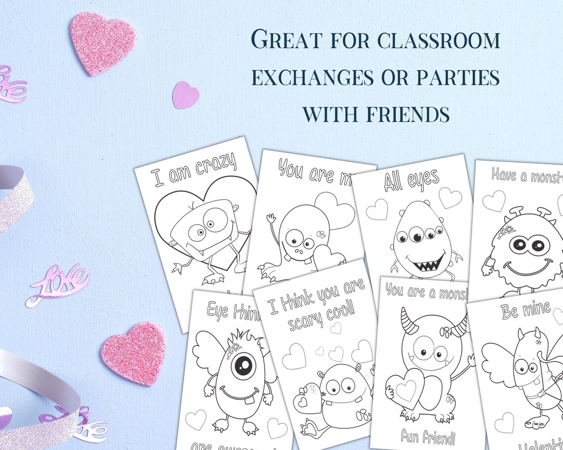Printable Monster Valentine's Coloring Card, Classroom Valentine ...