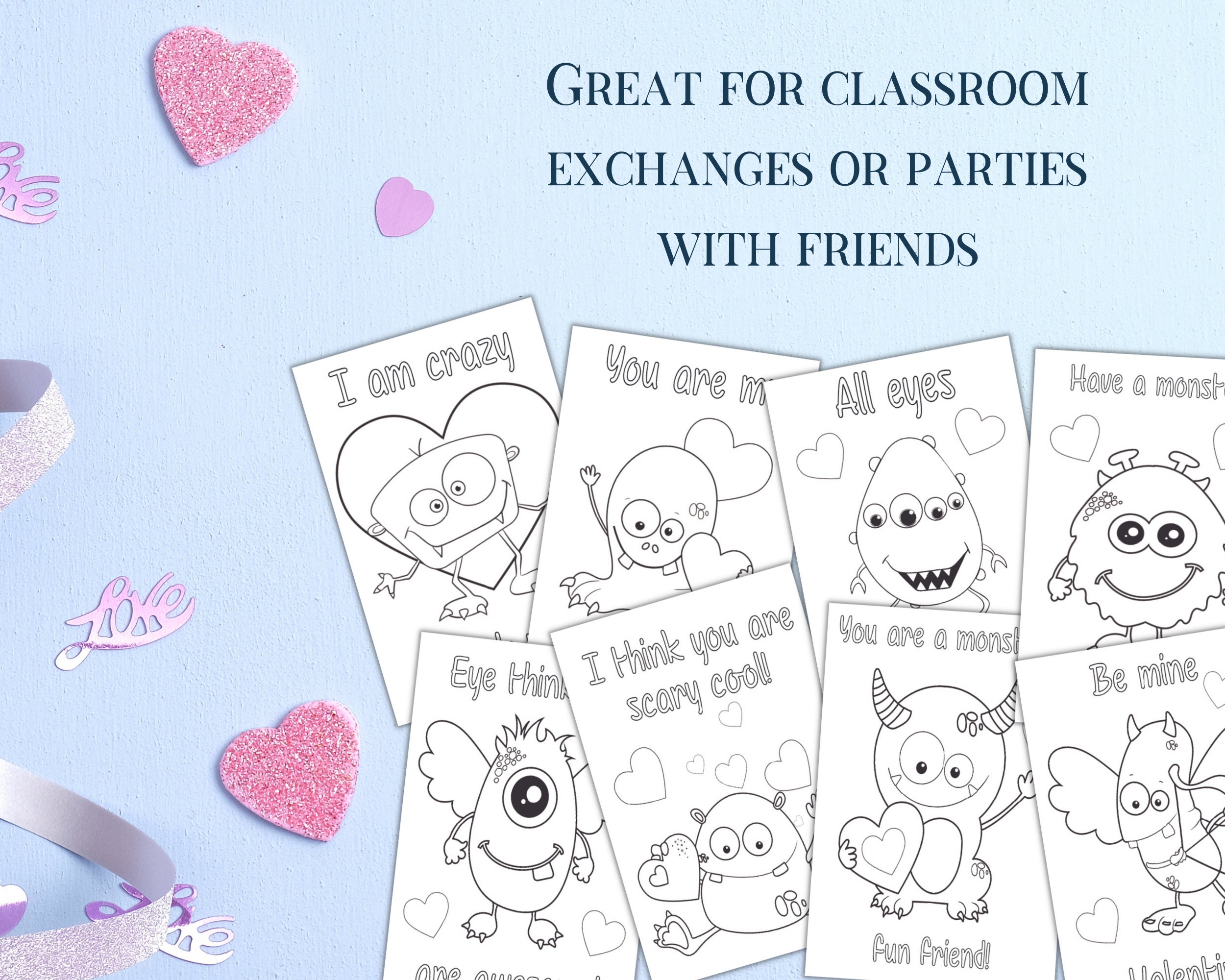 Printable Monster Valentine's Coloring Card, Classroom Valentine ...
