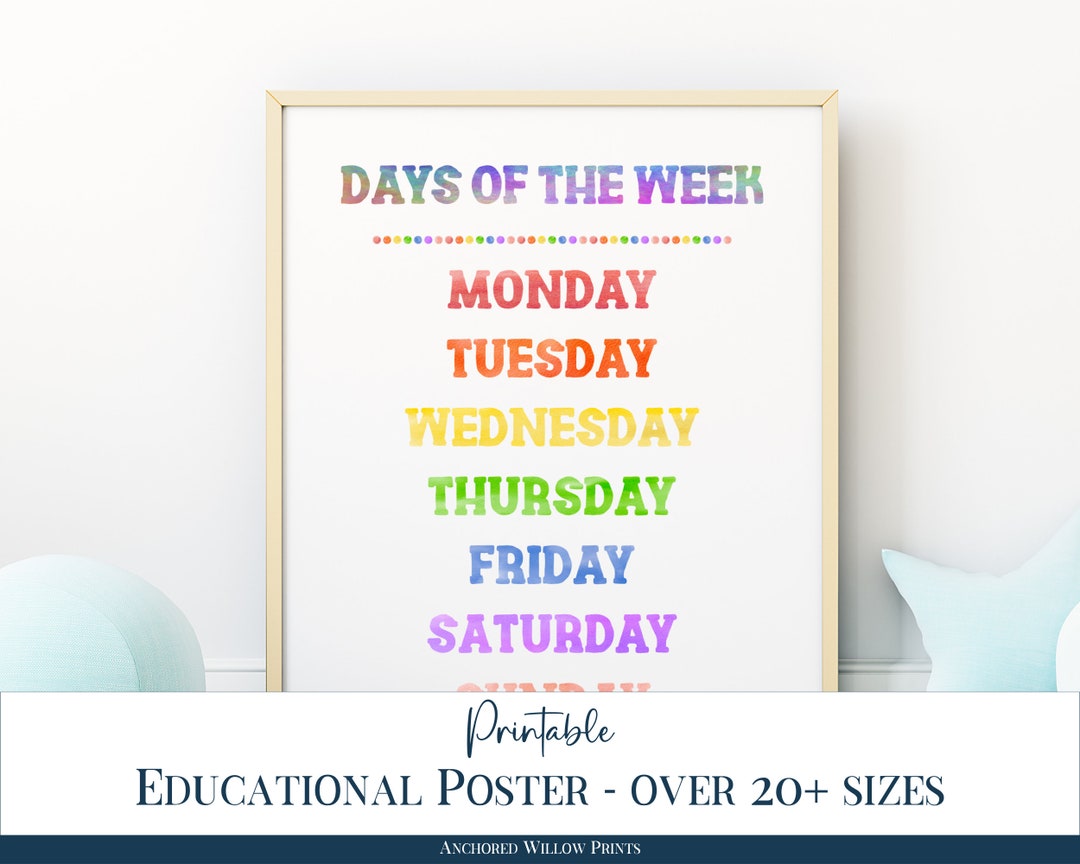 Days of the Week Watercolor Educational Poster, Homeschool Wall Art ...