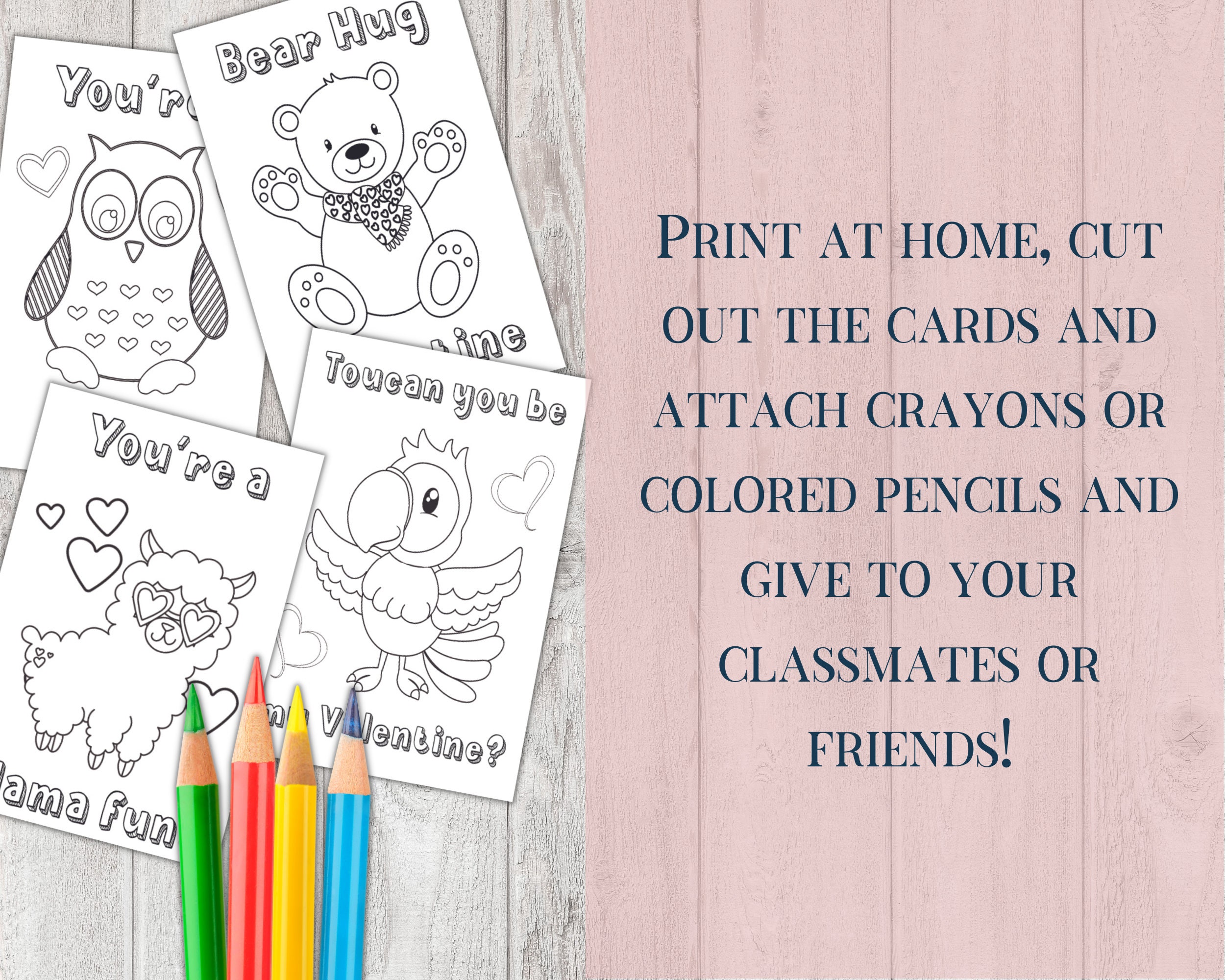 Printable Animal Valentine's Coloring Cards, Classroom Valentine ...