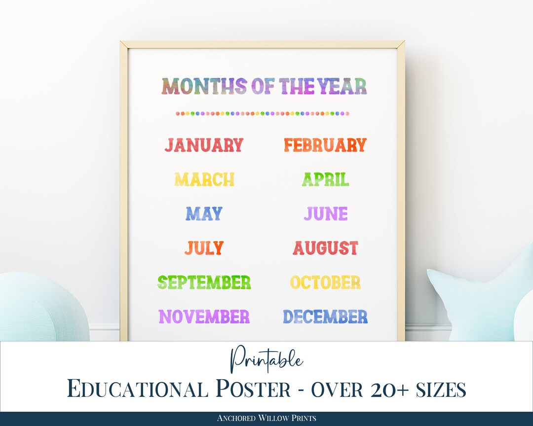 Months of the Year Watercolor Educational Poster, Homeschool Wall Art ...