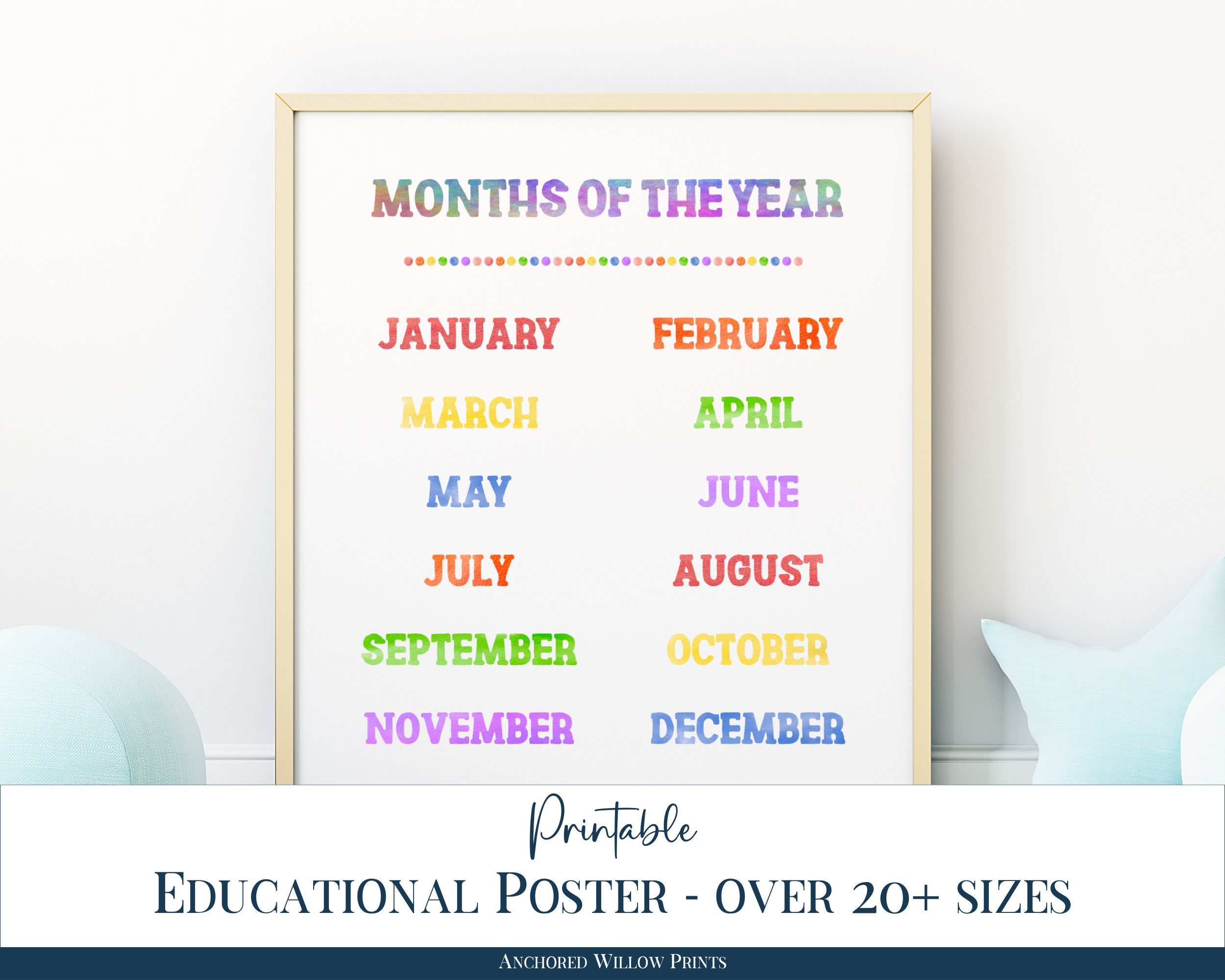 Months of the Year Watercolor Educational Poster, Homeschool Wall Art ...