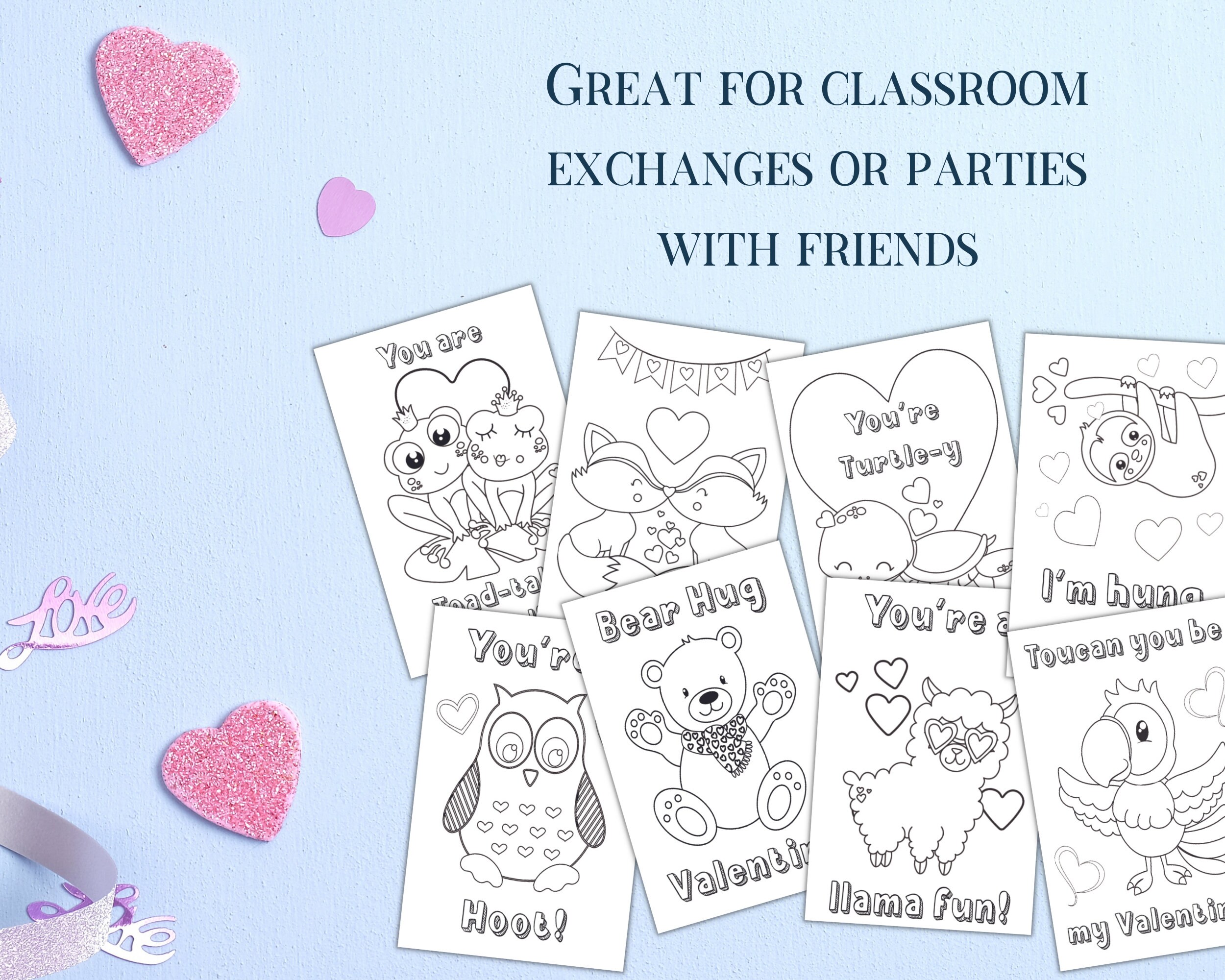 Printable Animal Valentine's Coloring Cards, Classroom Valentine ...