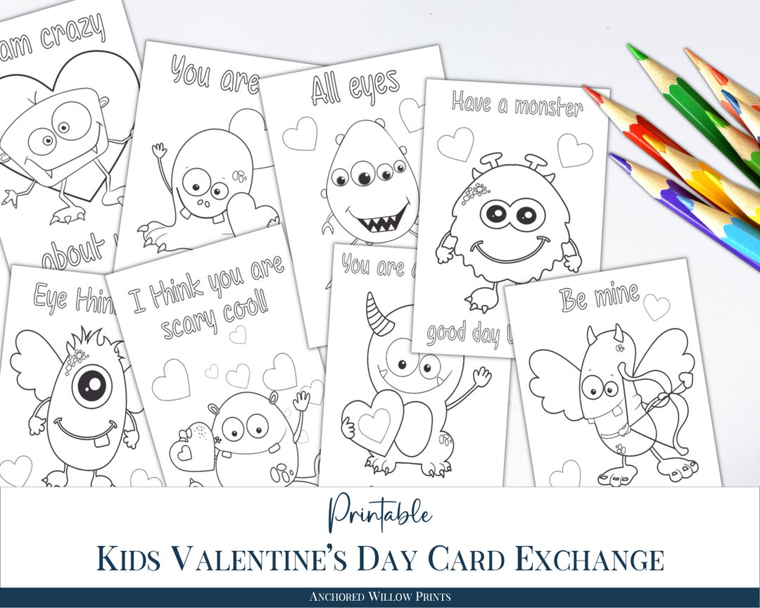 Printable Monster Valentine's Coloring Card, Classroom Valentine ...