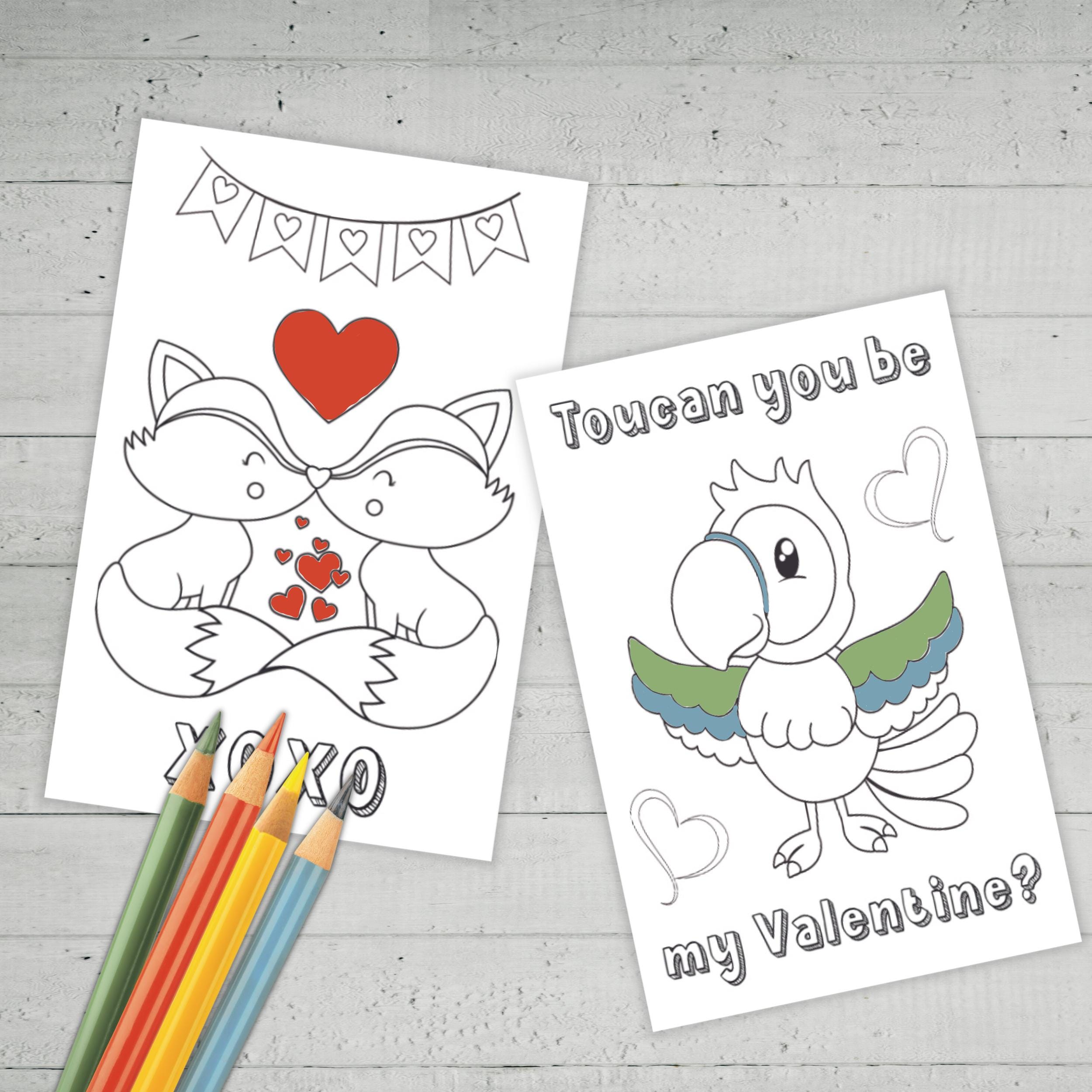 Printable Animal Valentine's Coloring Cards, Classroom Valentine ...