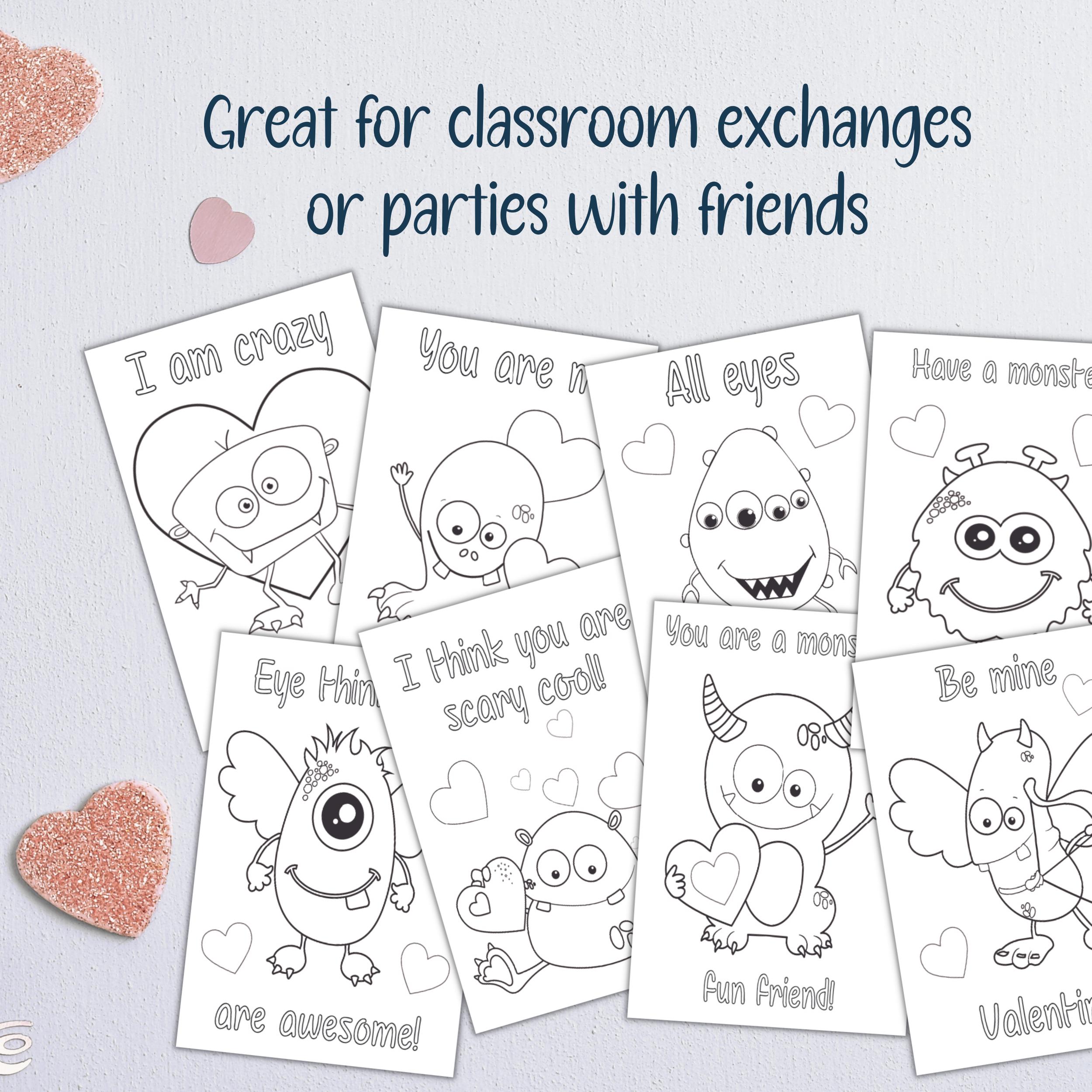 Printable Monster Valentine's Coloring Card, Classroom Valentine ...