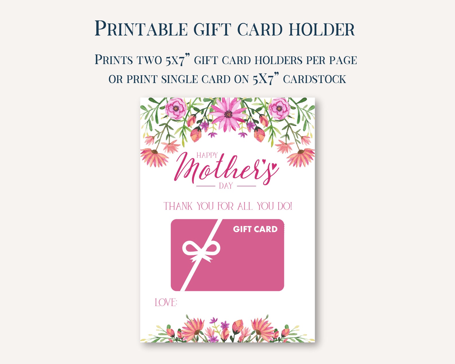 Mother’s Day Watercolor Floral Printable Gift Card Holder, With an ...