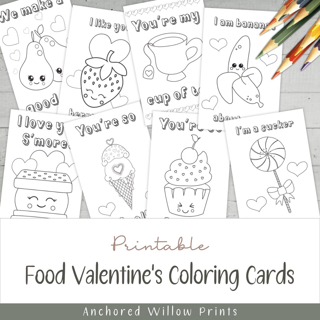 Printable Food Valentine's Coloring Card, Classroom Valentine Exchange ...