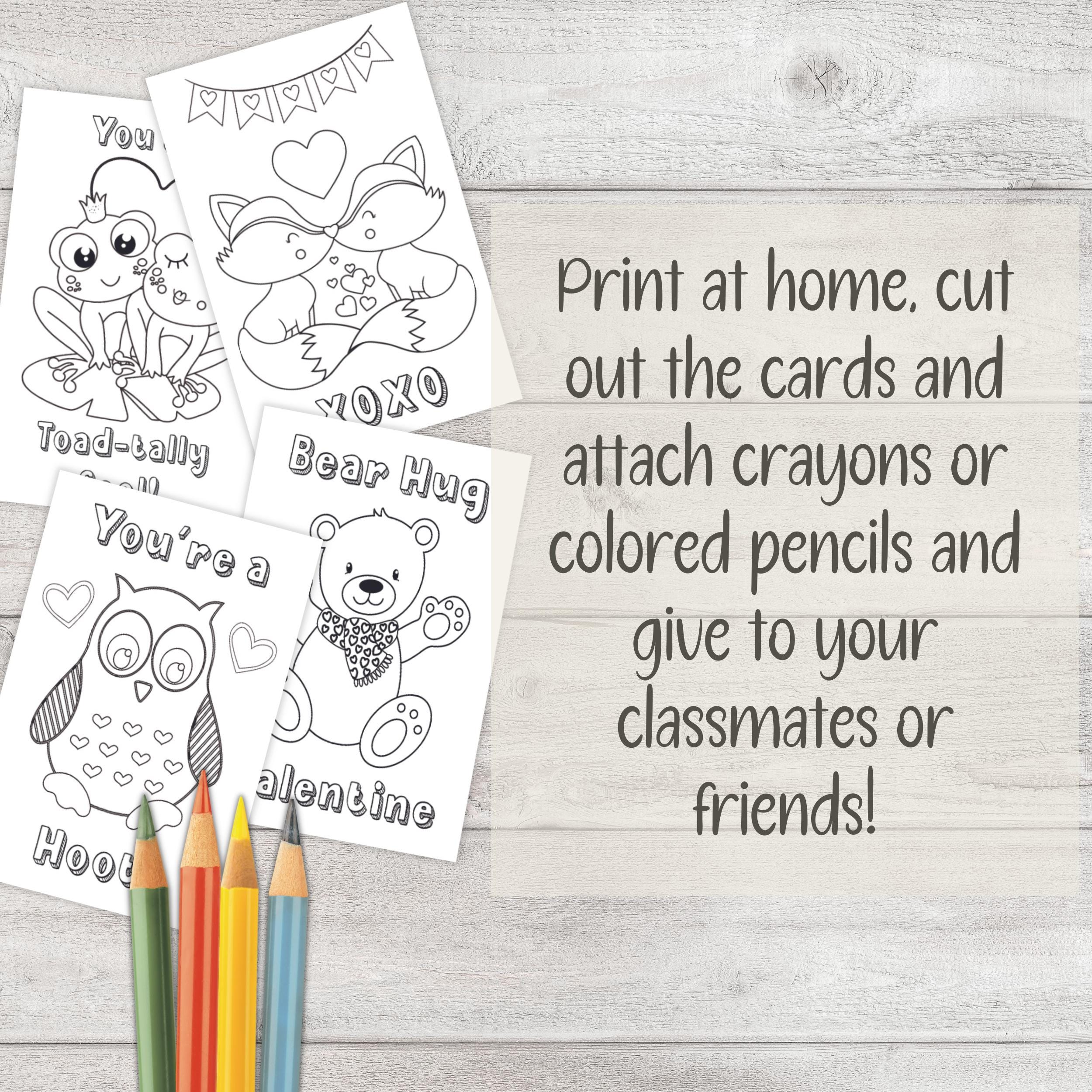Printable Animal Valentine's Coloring Cards, Classroom Valentine ...