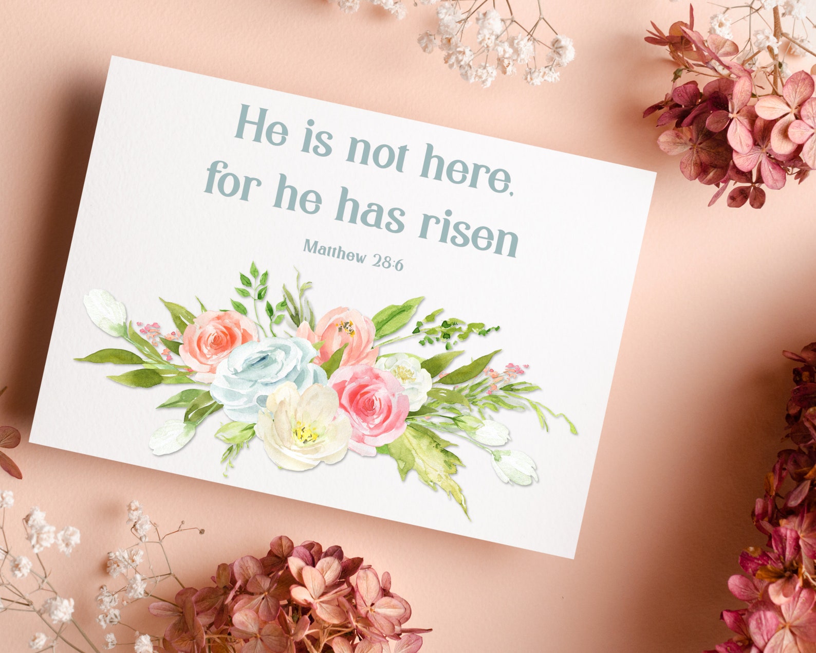 Easter, Matthew 28:6 Watercolor Floral Printable Easter Card, Sizes 4x6 ...